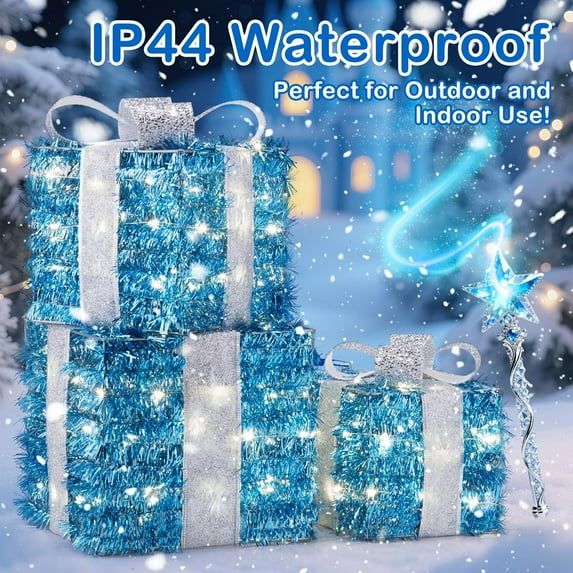 HYTHU-Blue Christmas Decorations, 140 LEDs Set of 3 Lighted Gift Boxes ...
