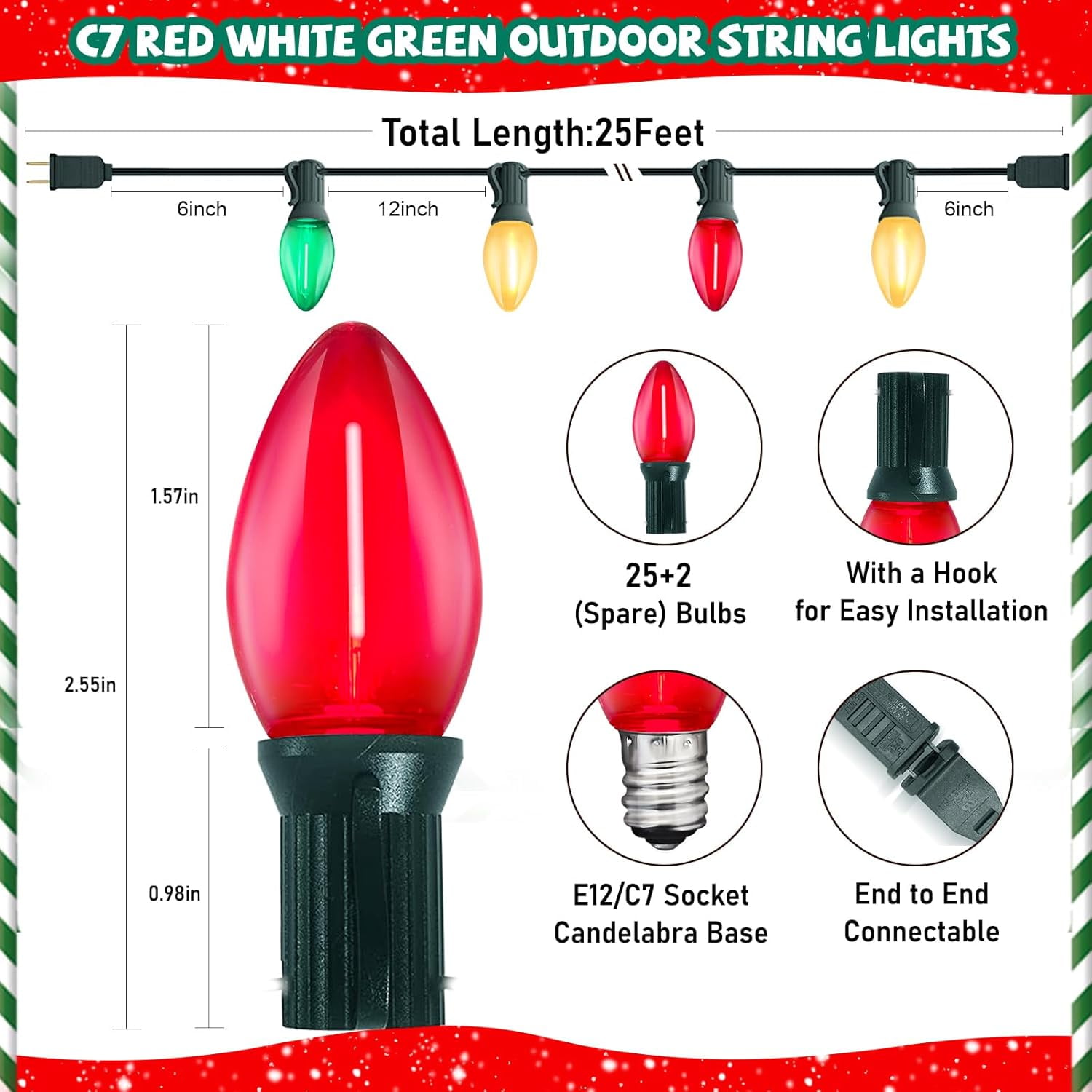 HYTHU-C7 LED Christmas Lights Outdoor,25ft LED Clear Red White Green ...