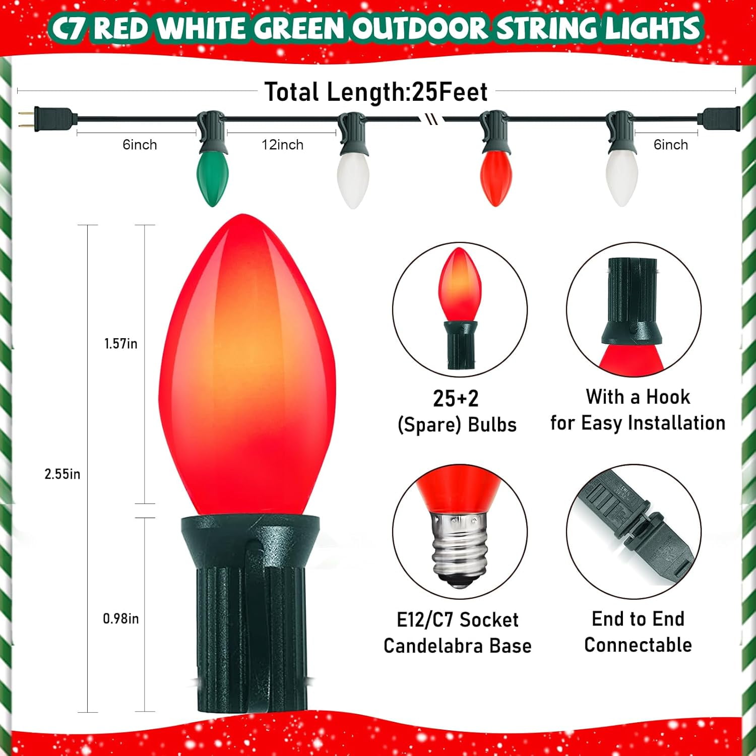 HYTHU-C7 LED Christmas String Lights,25ft LED Outdoor Christmas Light ...