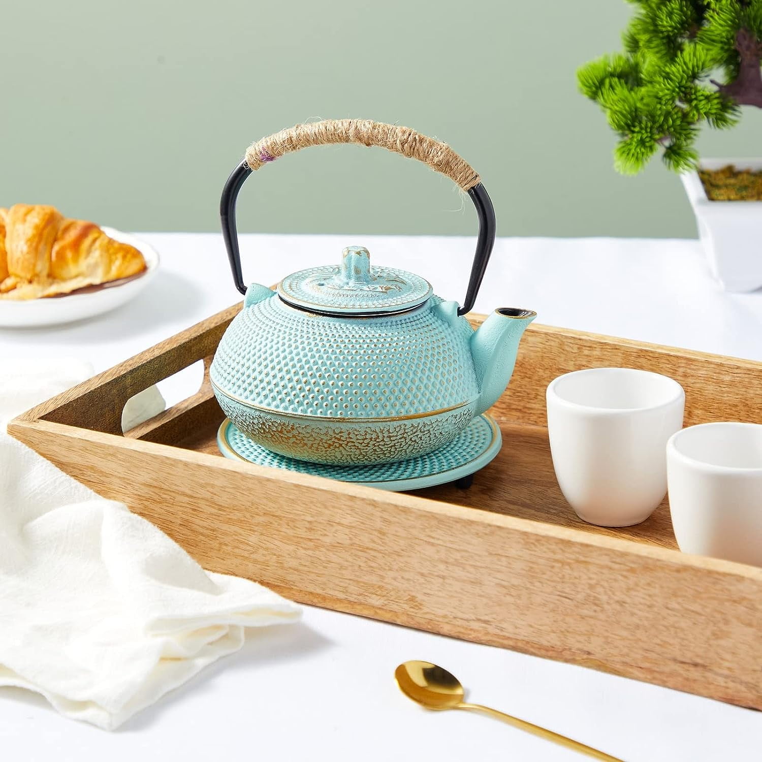HYTHU-Cast Iron Tea Kettle with Infuser - Green, 18 oz/500 ml, 3-Piece ...