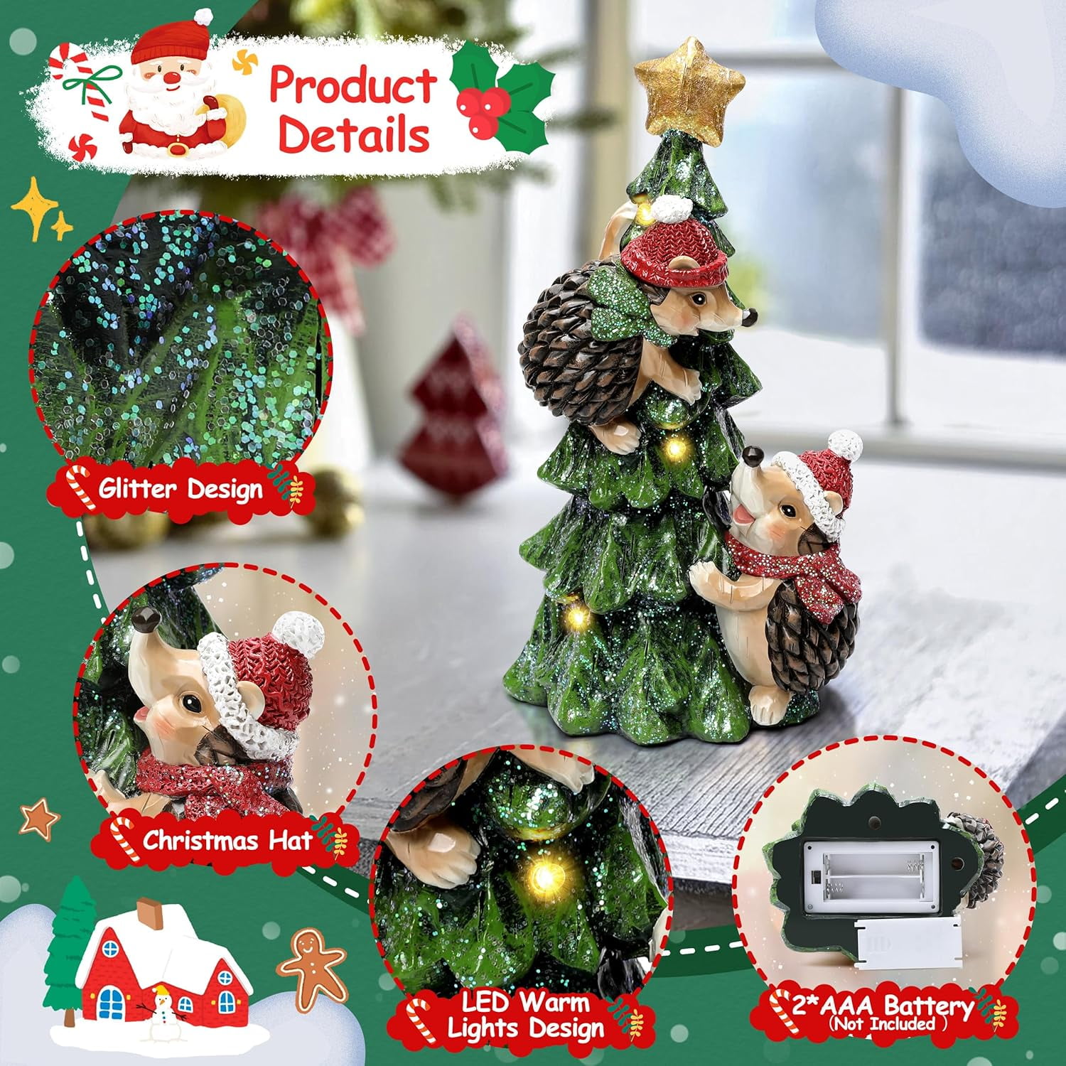HYTHU-Christmas Hedgehog Statue with Lights for Christmas Decorations ...