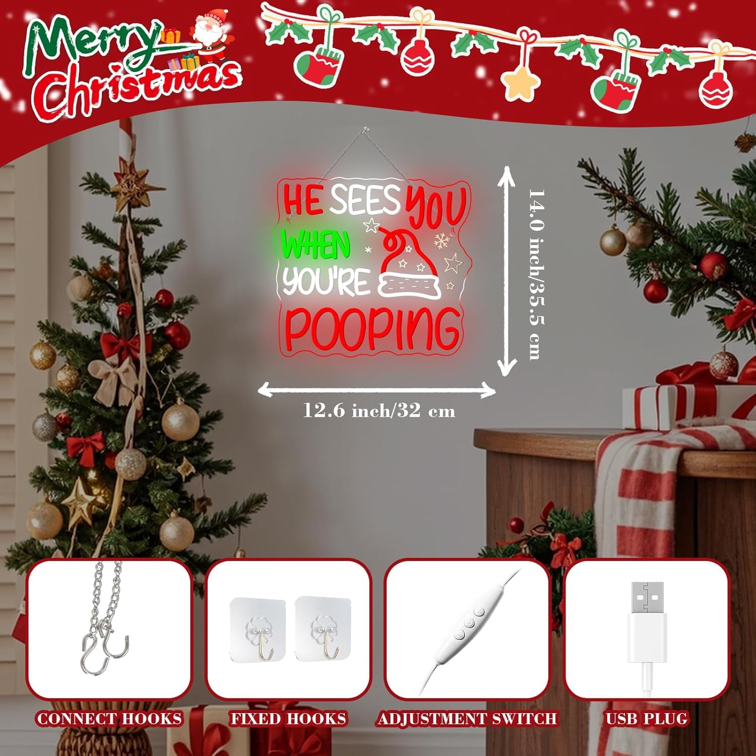 HYTHU-Christmas Neon Sign Santa Hat Neon Signs For Wall Decor He Sees ...