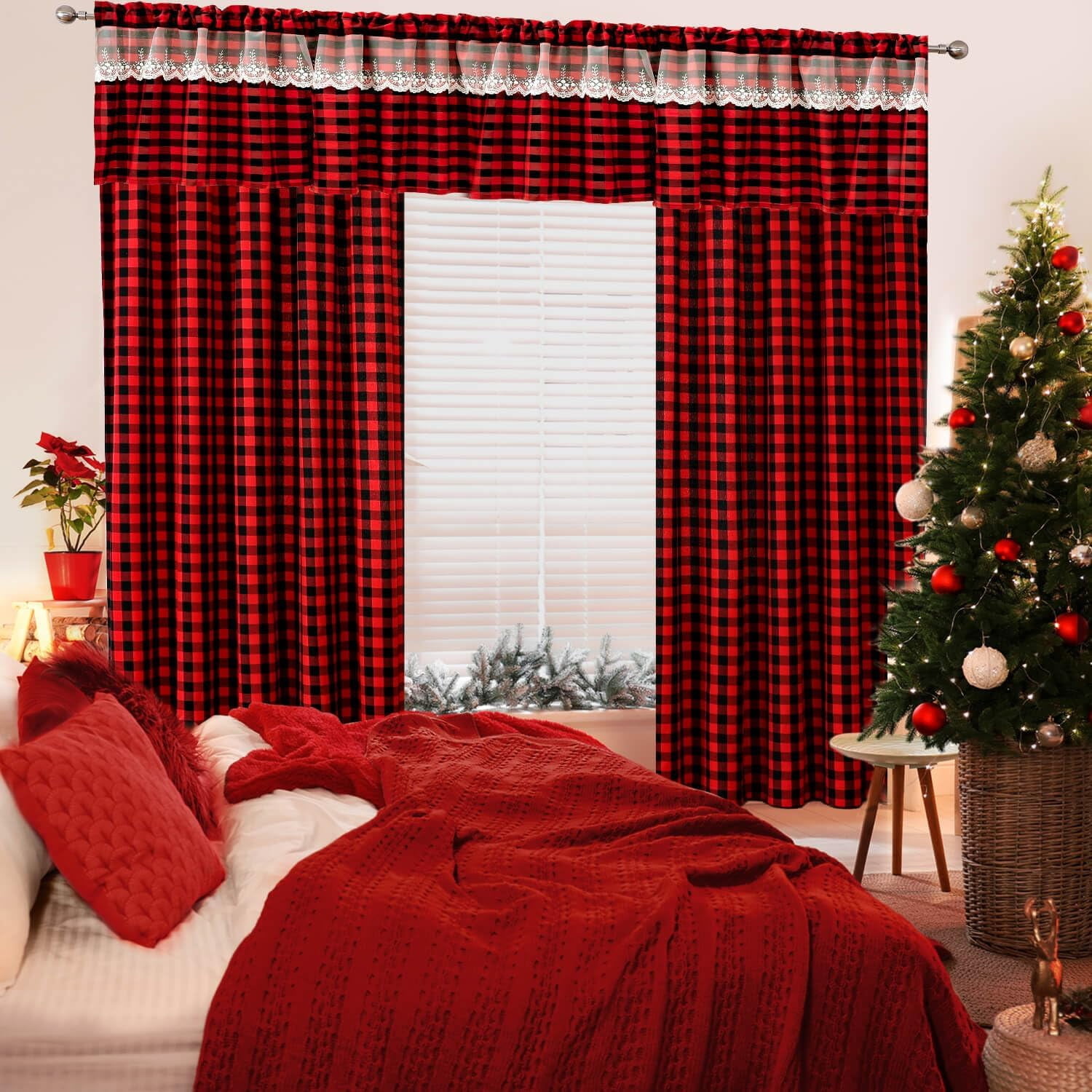 HYTHU-Christmas Red Plaid Curtains 84 Inch Length Red and Black Buffalo ...