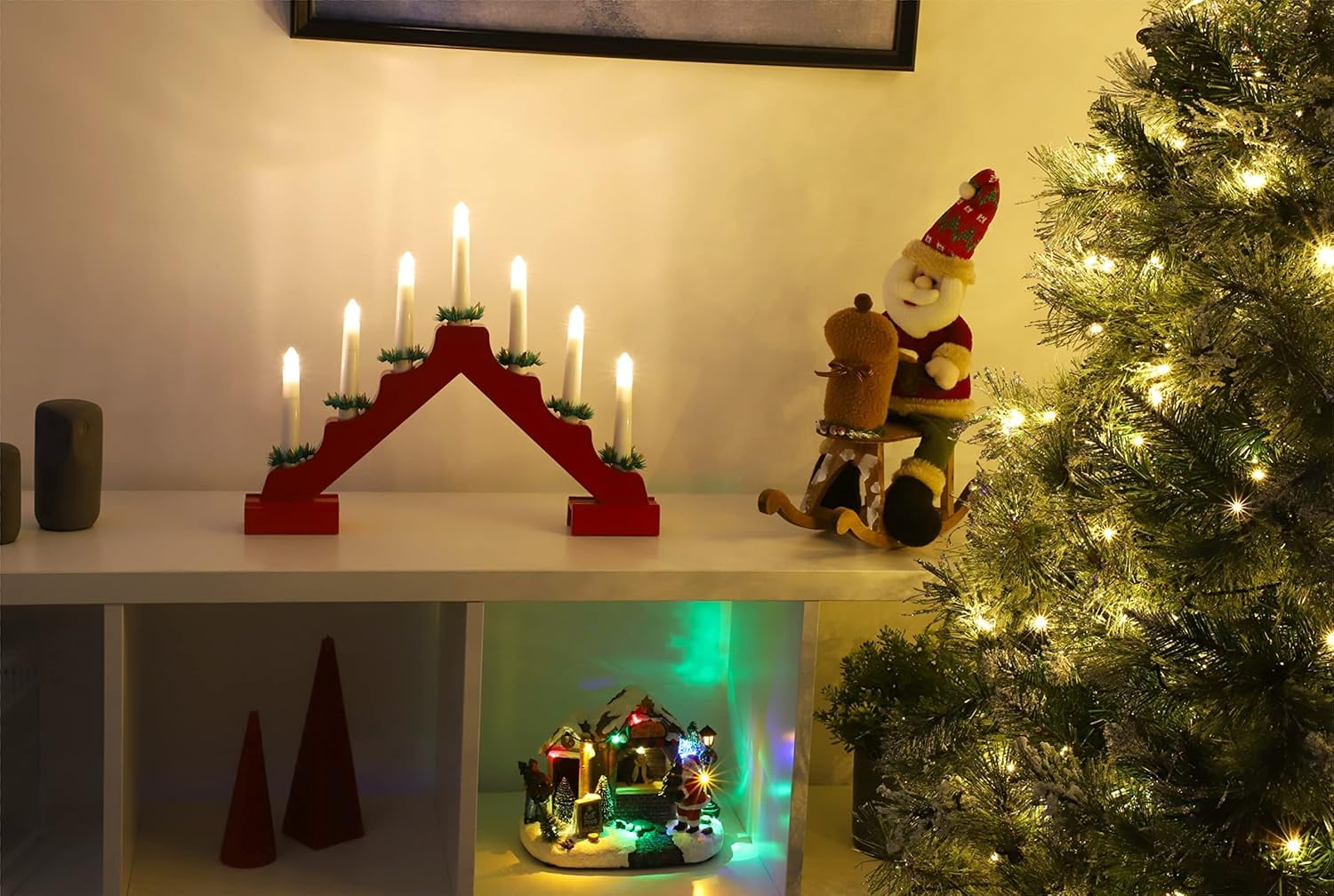 HYTHU-® Christmas Red Wooden Candle Bridge with Warm White LED Lights ...