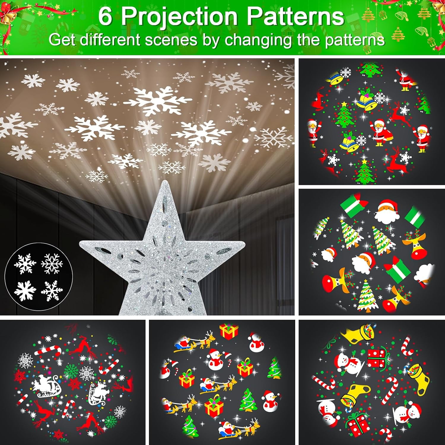 HYTHU-Christmas Tree Topper Projector Lights with 6 Projection Modes ...