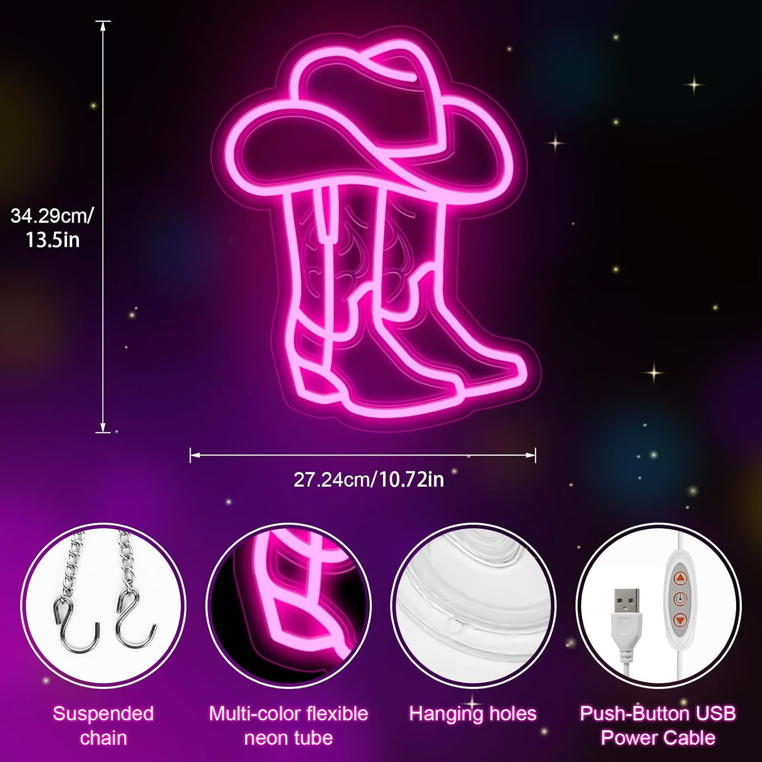 HYTHU-Cowboy Boot Neon Sign, Dimmable LED Pink Cowgirl Boot with Hat ...