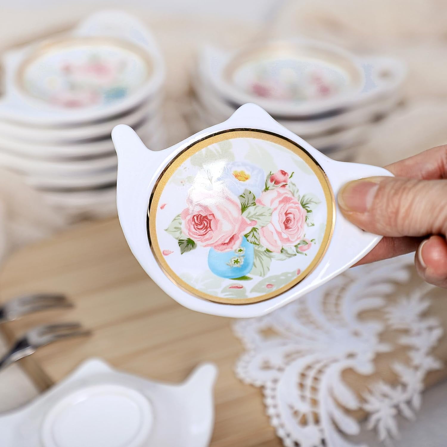 HYTHU-Floral Tea Bag Holder with Golden Trim Tea Porcelain Accessories ...
