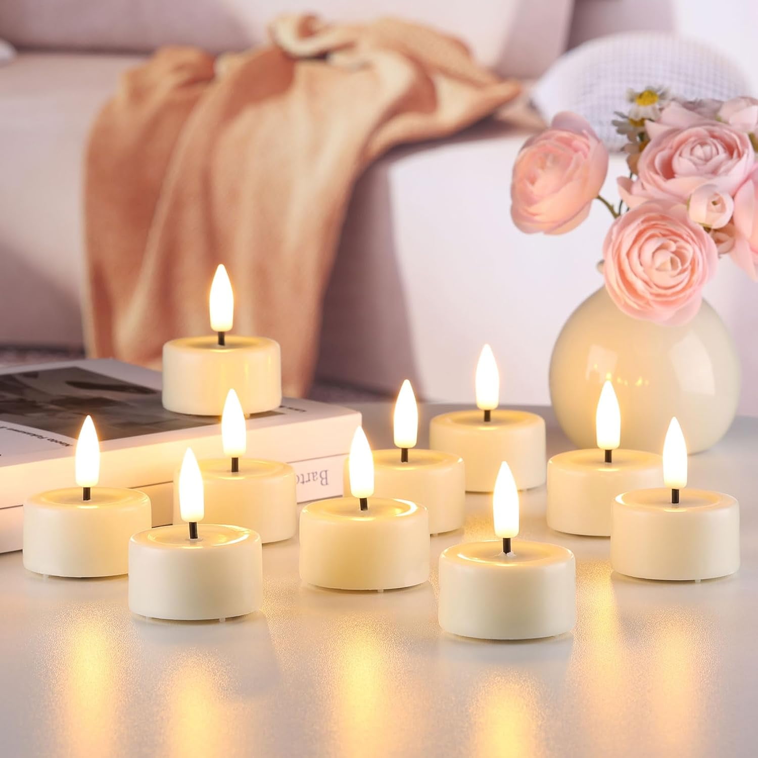 HYTHU-Ivory Flameless Wax Tealights with Remote Batteries, Realistic ...