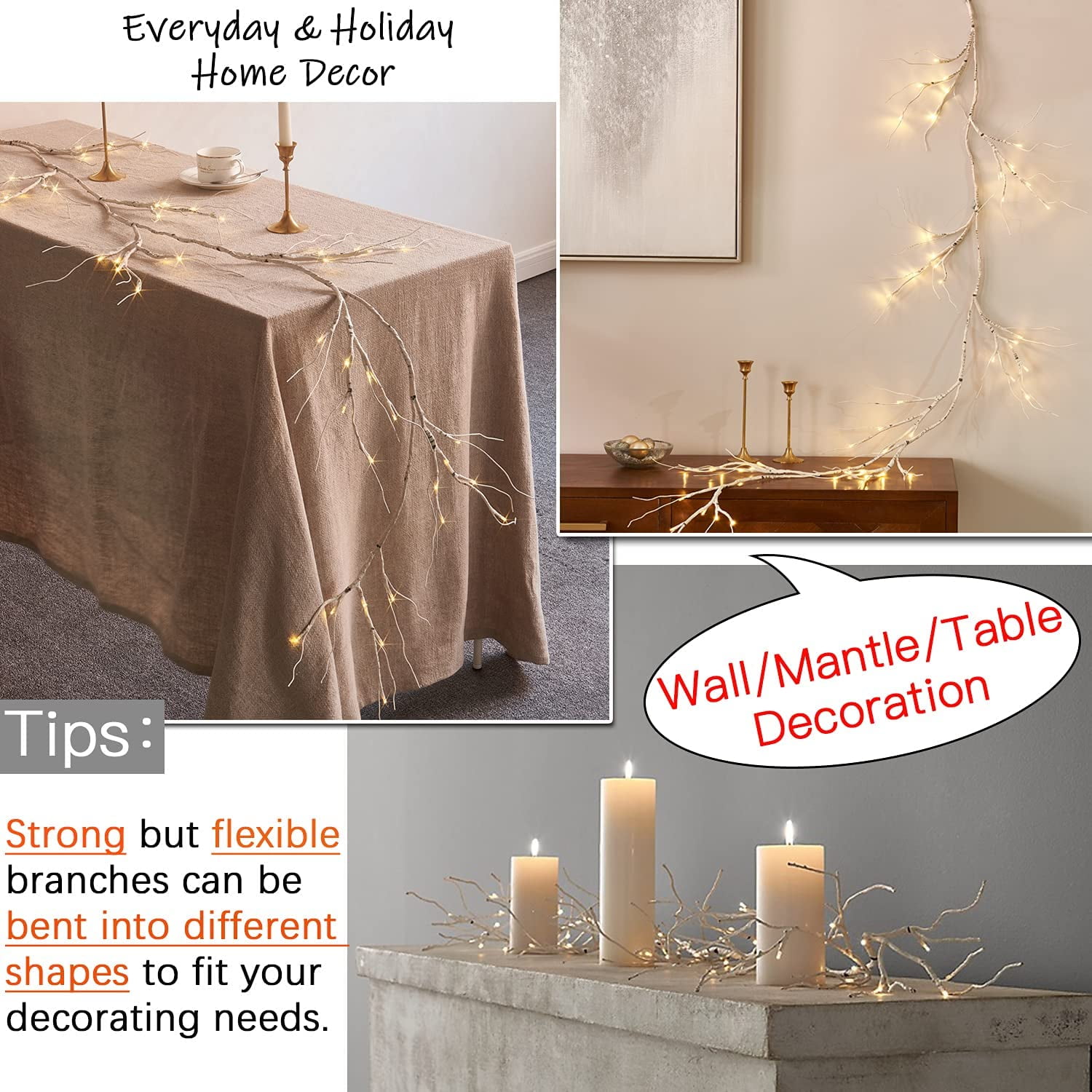 HYTHU-Lighted Birch Garland with Timer 48 LED Fairy Lights 6ft Battery ...