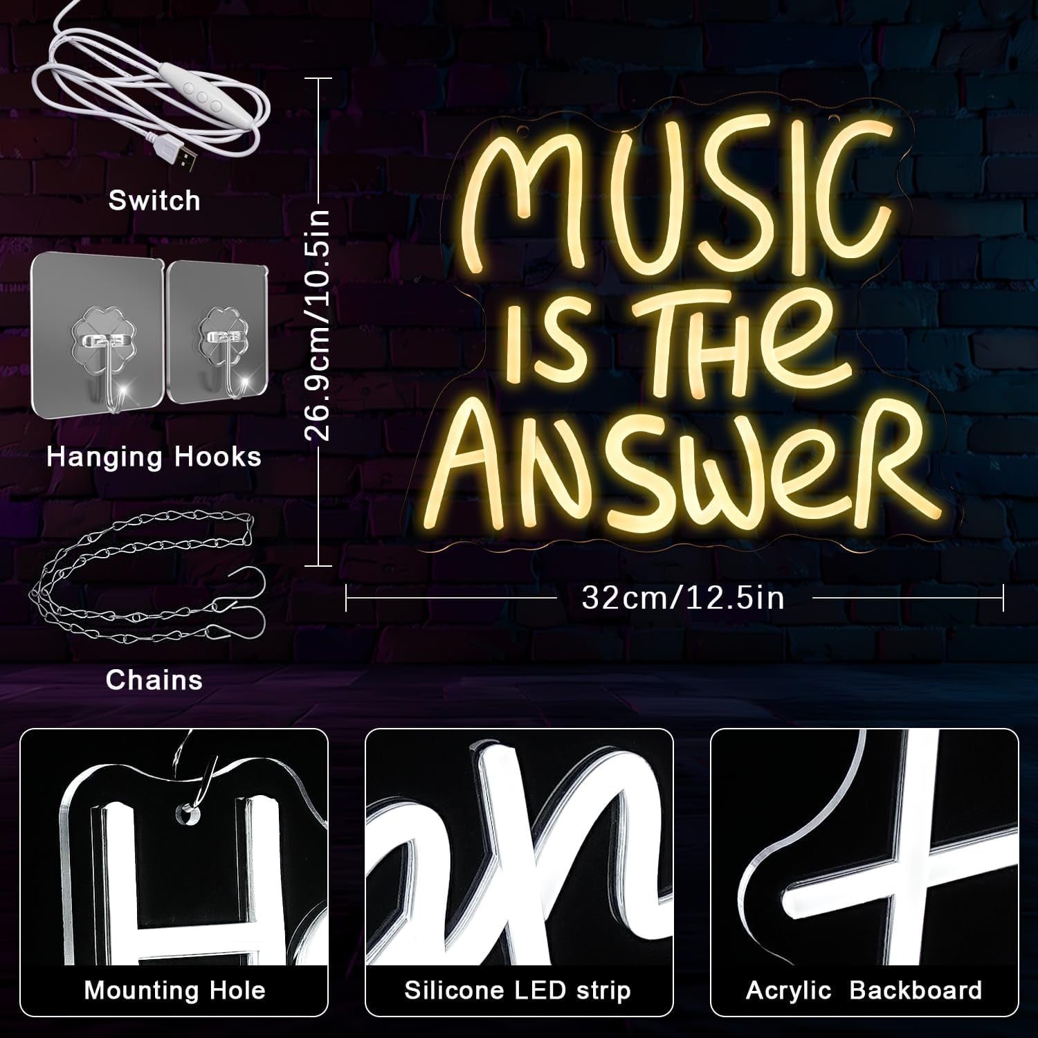 HYTHU-Music Is The Answer Neon Sign for Wall Decor Warm White Letter ...