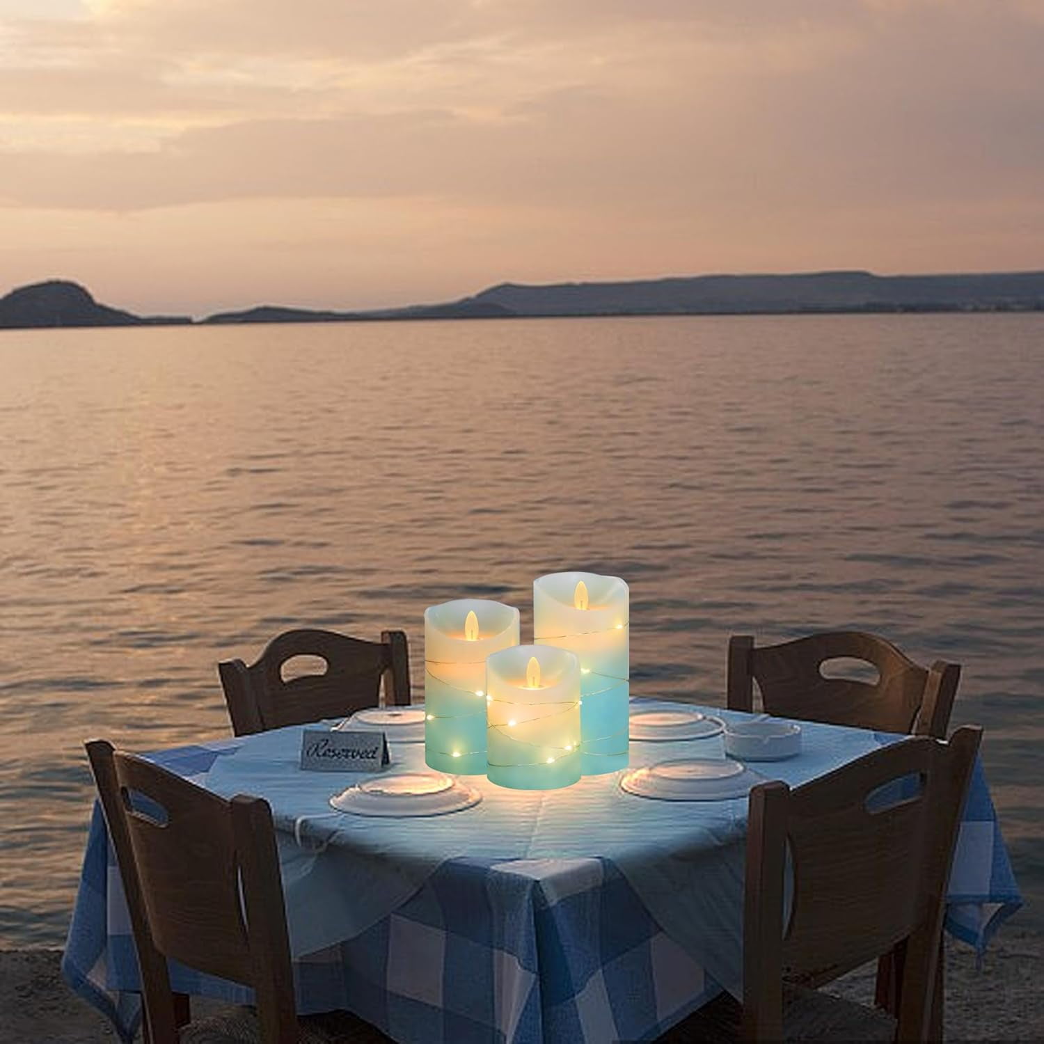 HYTHU-Nautical Flameless Candles with String Lights Real Wax Ocean Blue ...