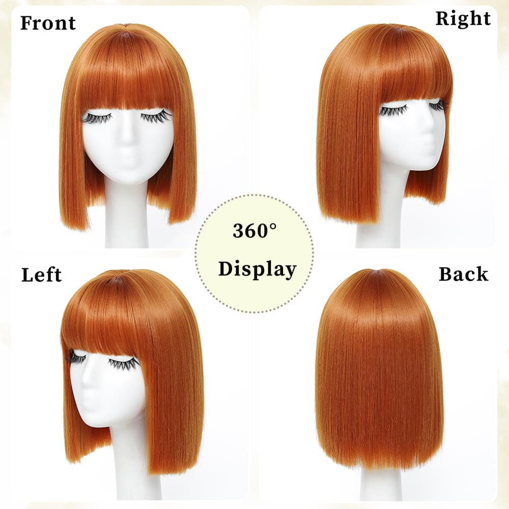 HYTHU-Orange Bob Wig,Short Straight Bob Wig With Bangs,10 Inch ...