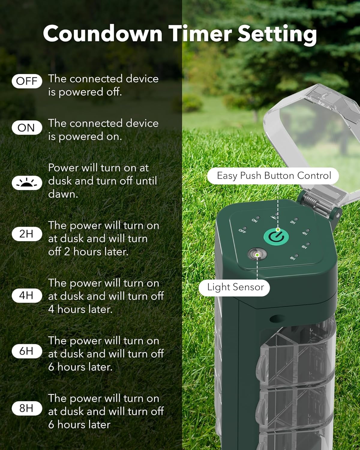 HYTHU-Outdoor Power Strip Timer with Photocell, Countdown Yard Stake(2 ...