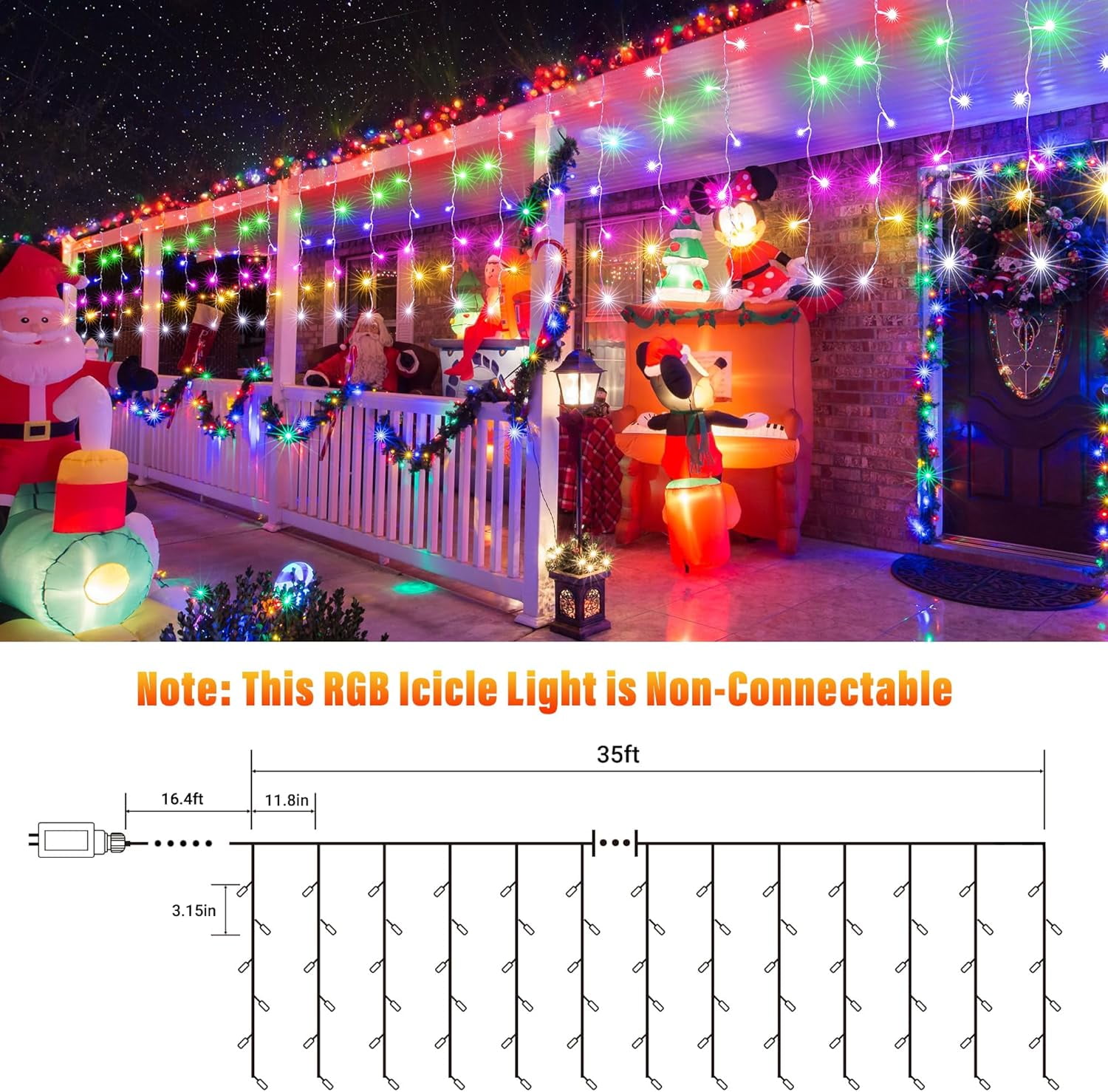 HYTHU-RGB Christmas Icicle Lights - 35FT Color Changing Outdoor String ...