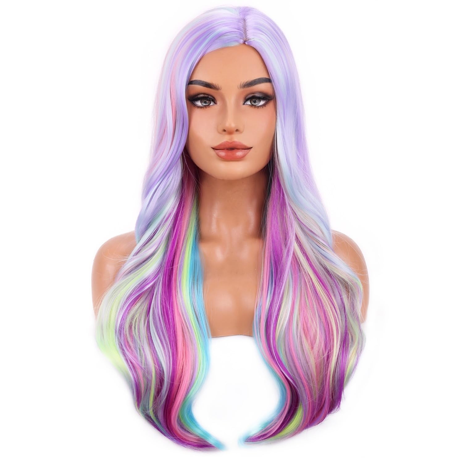 HYTHU-Rainbow Wig Long Curly Wig Multi-Color Wigs Charming Full Wigs ...