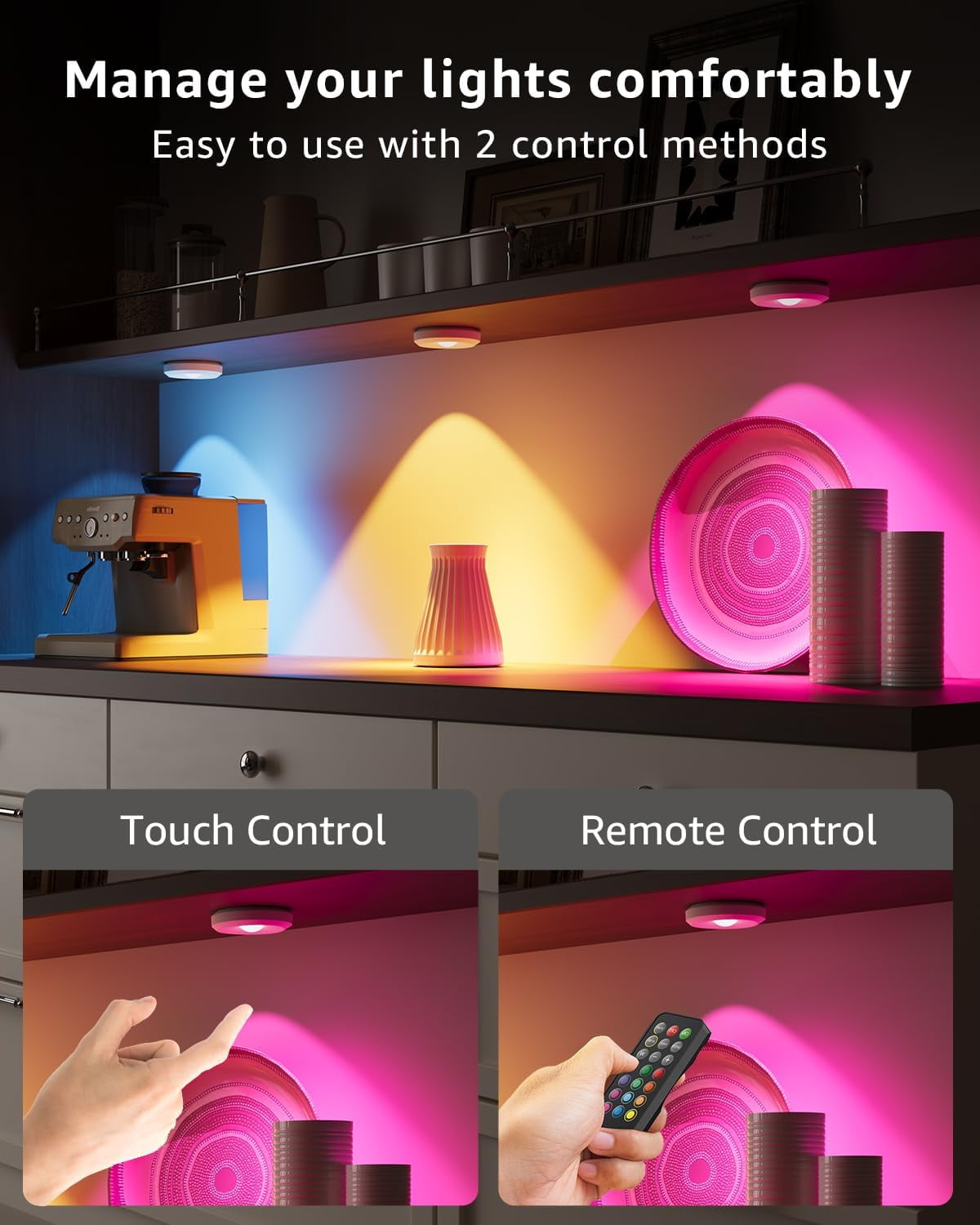HYTHU-Rechargeable Color Changing Puck Lights with Remote, 2400mAh ...