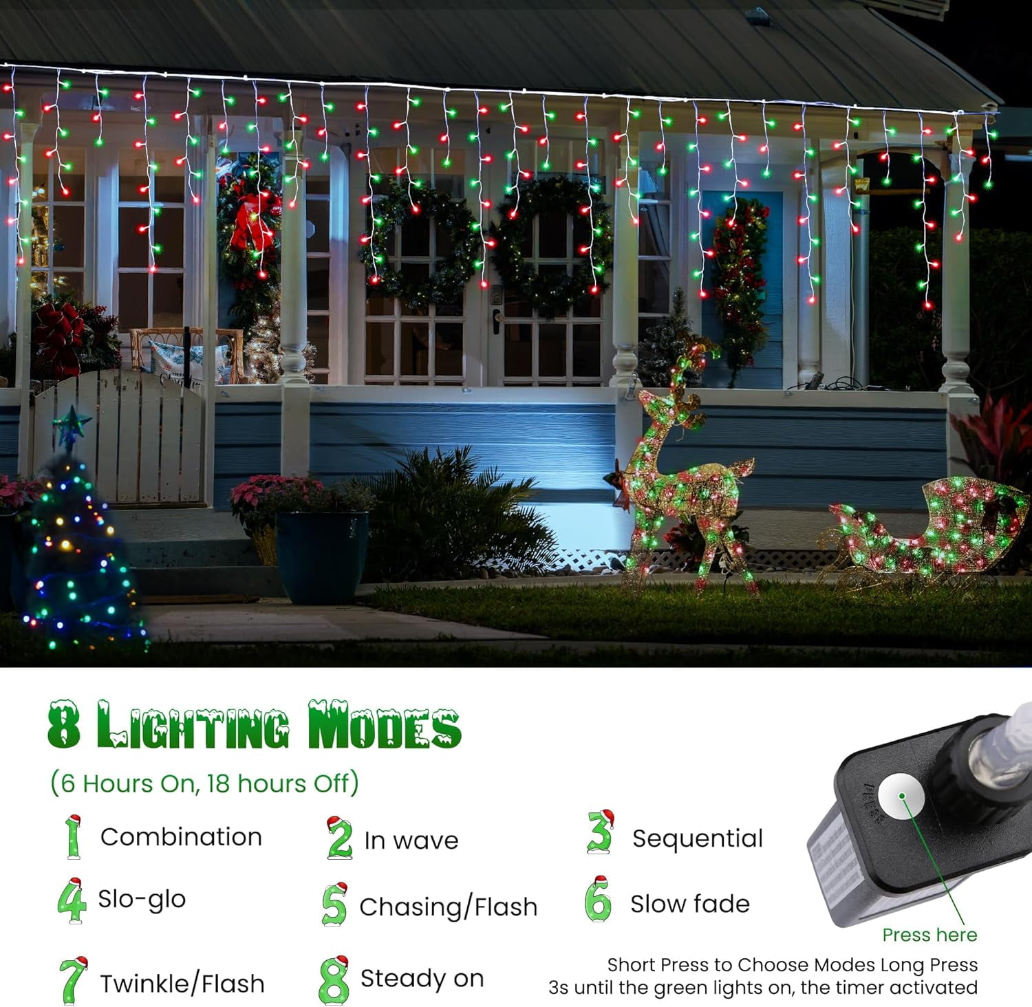 HYTHU-Red & Green Christmas Icicle Lights, 29.5ft 360 LED Icicle Lights ...