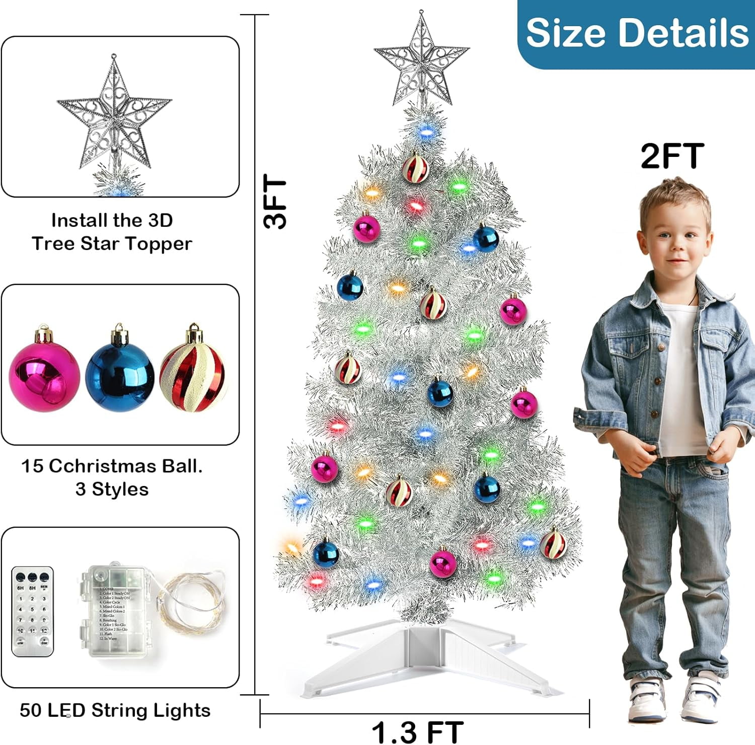 HYTHU-[Remote Control & 12 Modes] 3 Ft Christmas Tree with Timer 50 ...