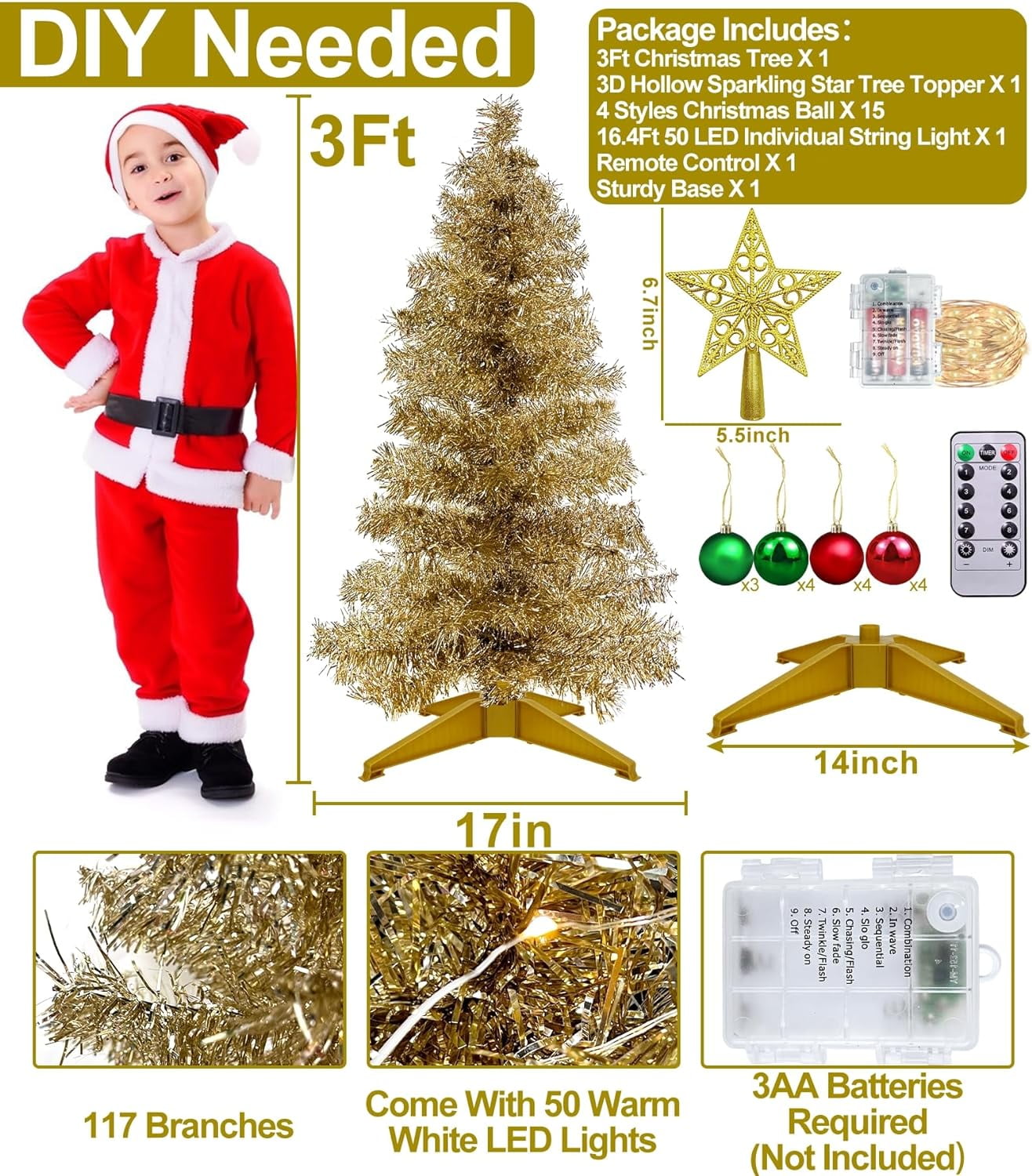 HYTHU-Remote Control 8 Modes 3 Ft Christmas Tree with Lights Timer 15 ...