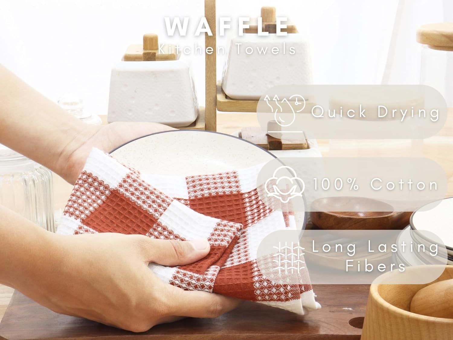 HYTHU-Rust 100% Cotton Waffle Weave Check Plaid Kitchen Towels, Super ...
