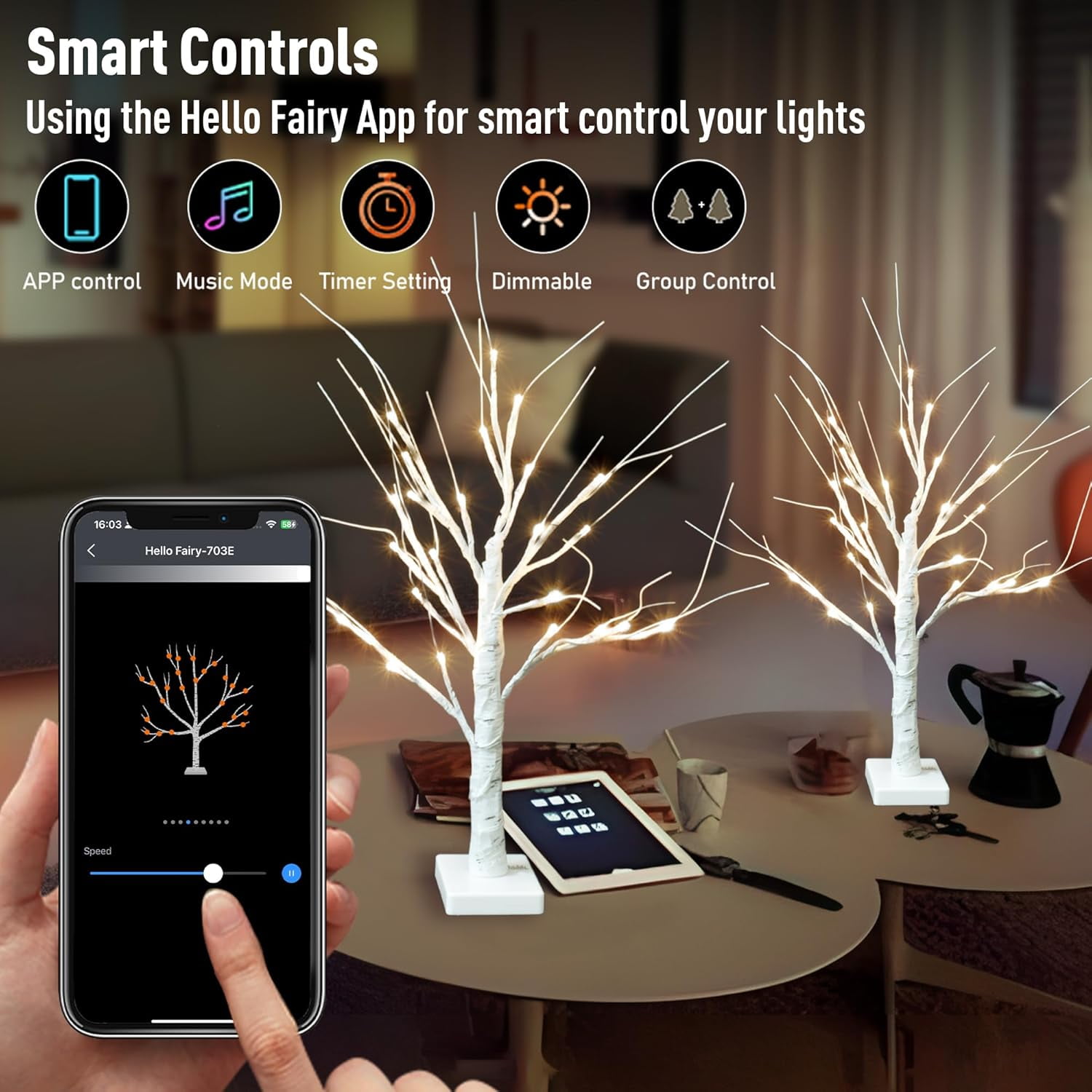 HYTHU-Smart Christmas Decorations Indoor, 2 FT Birch Tree with LED ...