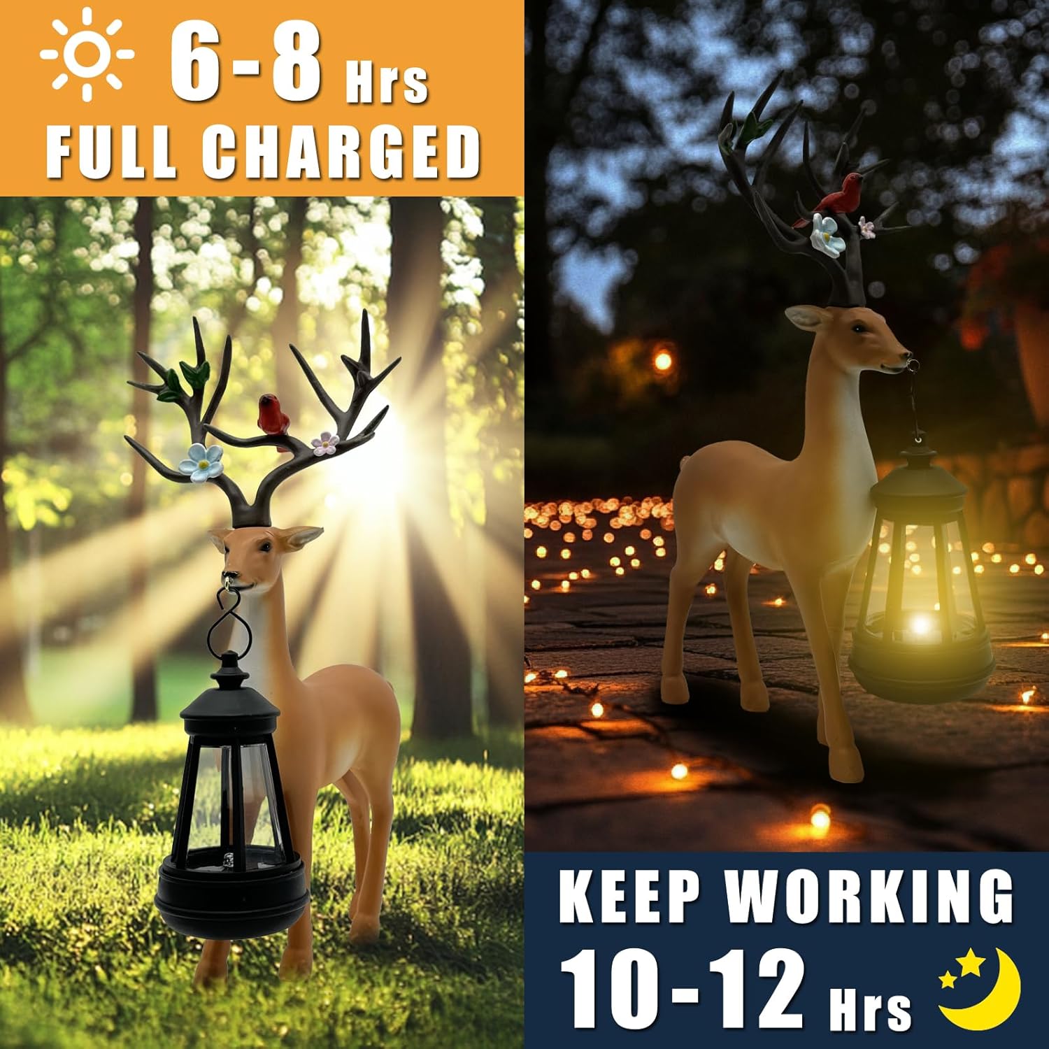 HYTHU-Solar Lantern Garden Statues Decor, 12" Outdoor Deer Figurine ...