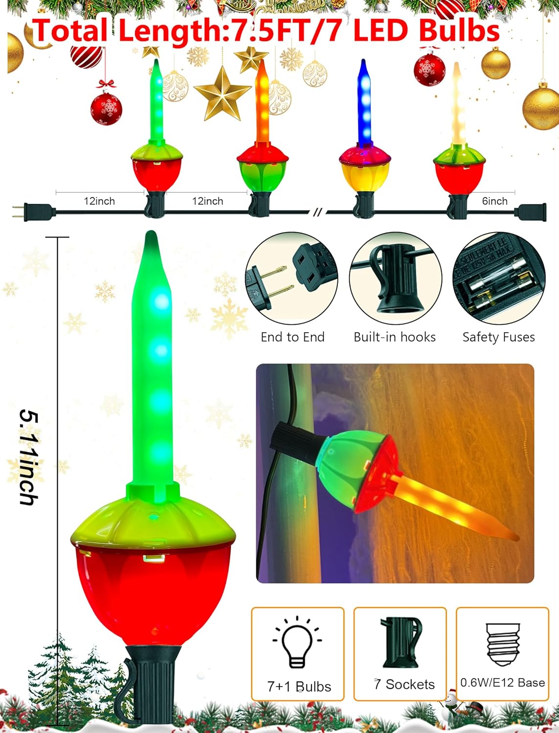 HYTHU-Vintage Christmas Bubble Lights, 7.5Ft Outdoor Christmas ...