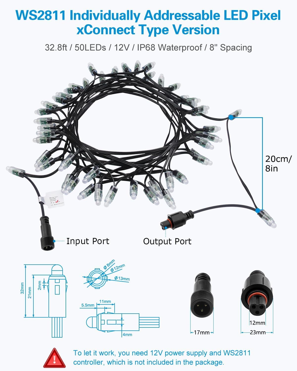 HYTHU-WS2811 12V RGB Pixel String Lights 8 inch 50pcs Bullet Pixels ...