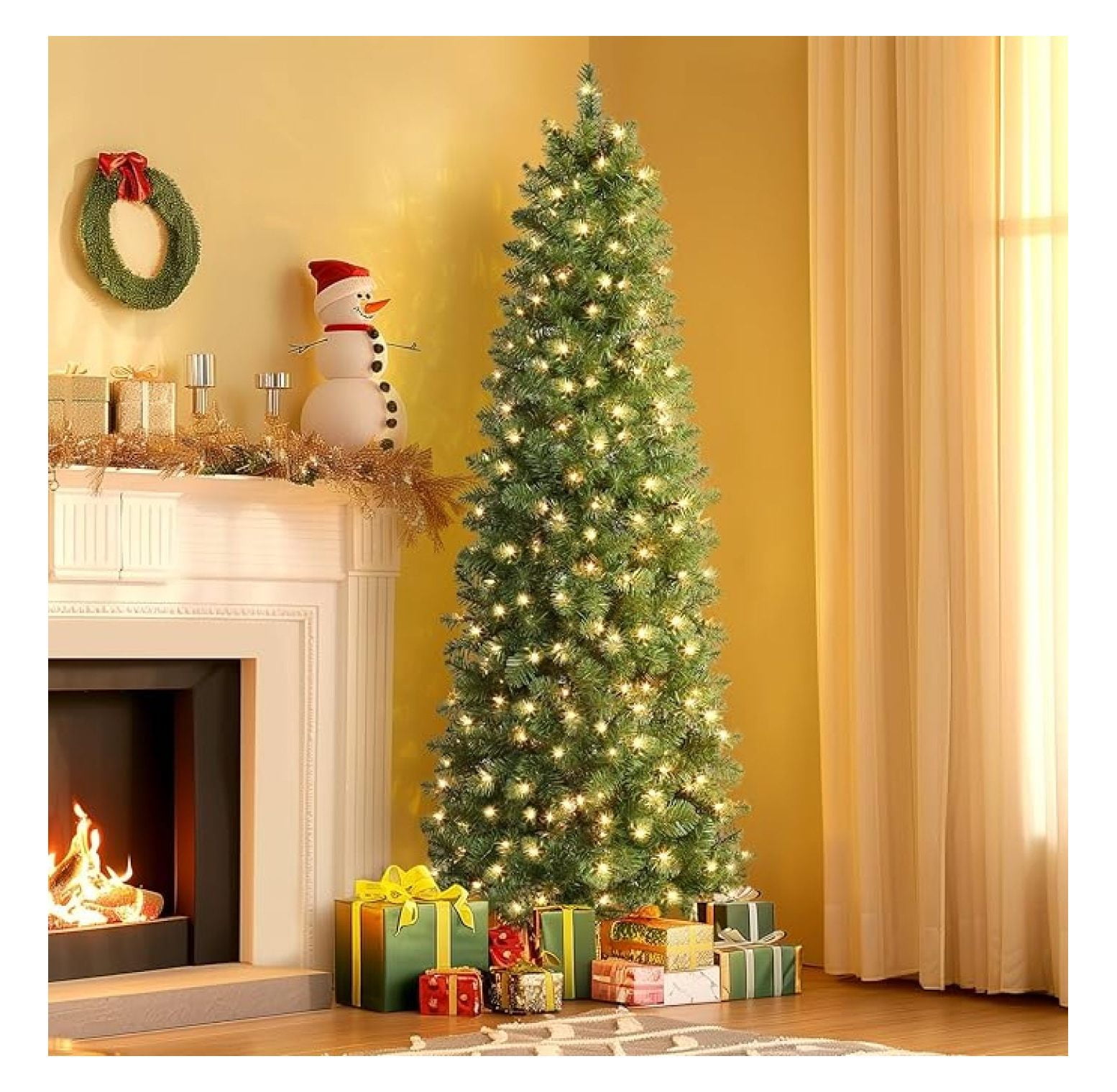 HYYOP7 ft Prelit Artificial Hinged Slim Pencil Christmas Tree with Warm ...
