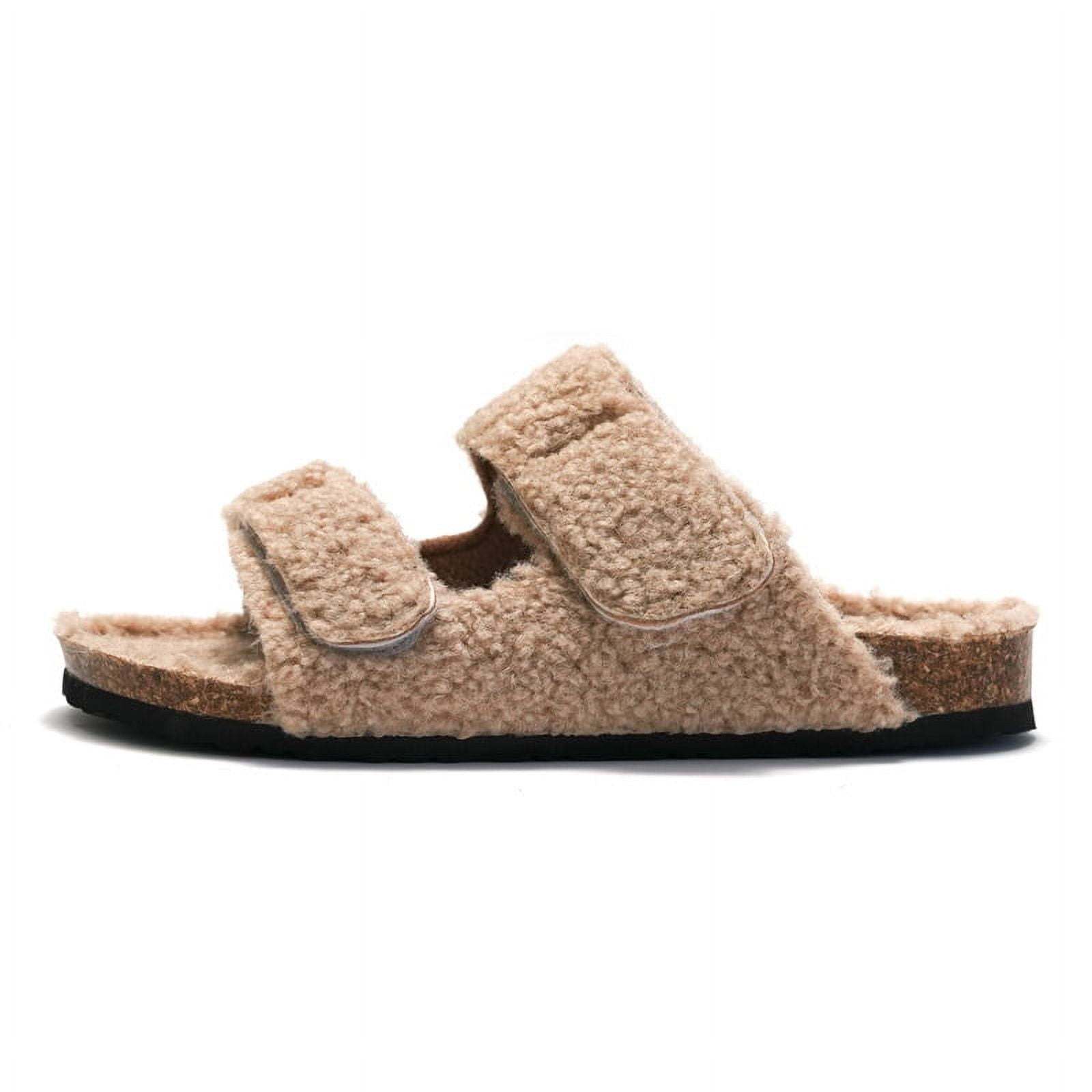 HYwys Fuzzy Slippers Women Cork Footbed Fluffy Slide Sandals Open Toe ...