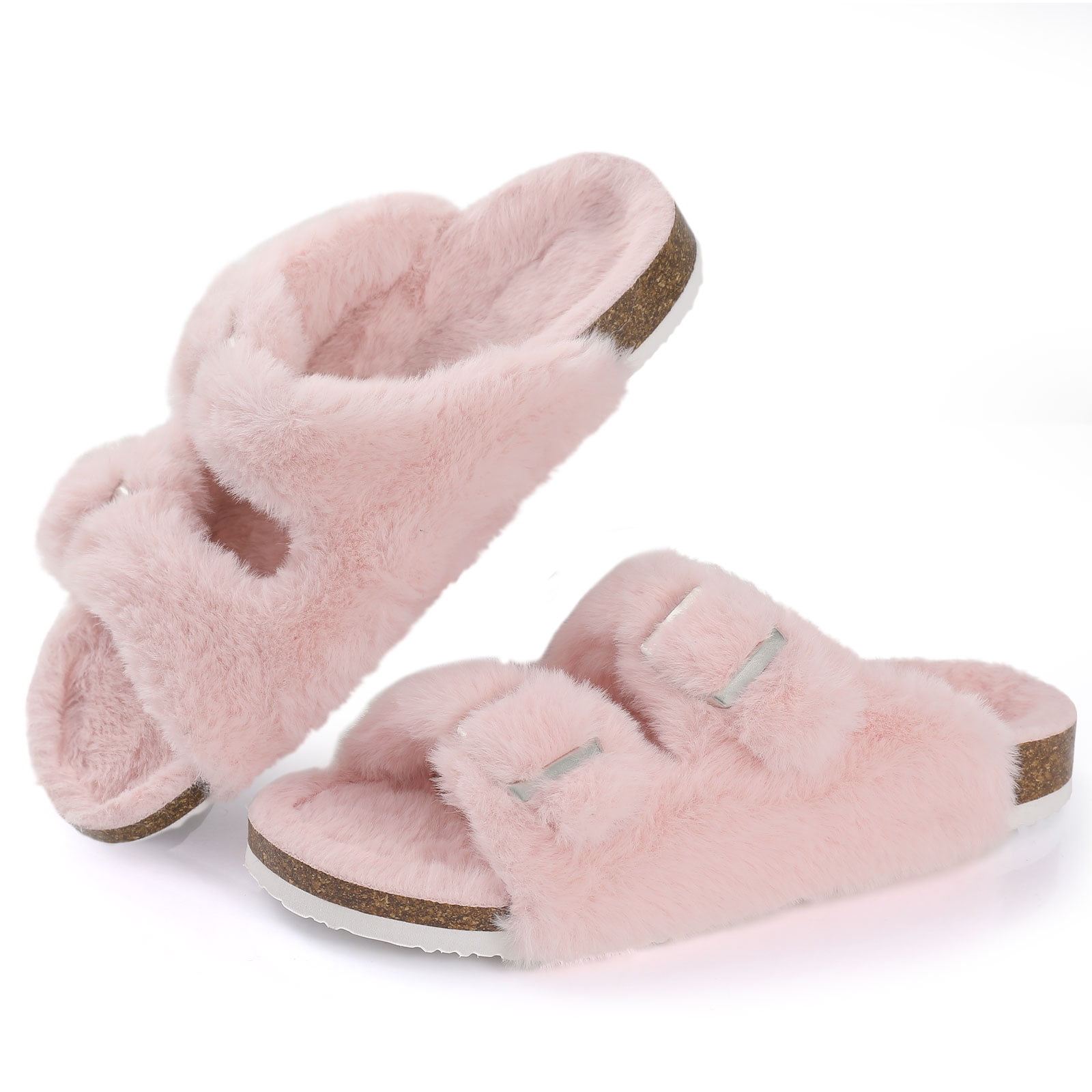 HYwys Fuzzy Slippers Women Cork Footbed Fluffy Slide Sandals Open Toe ...