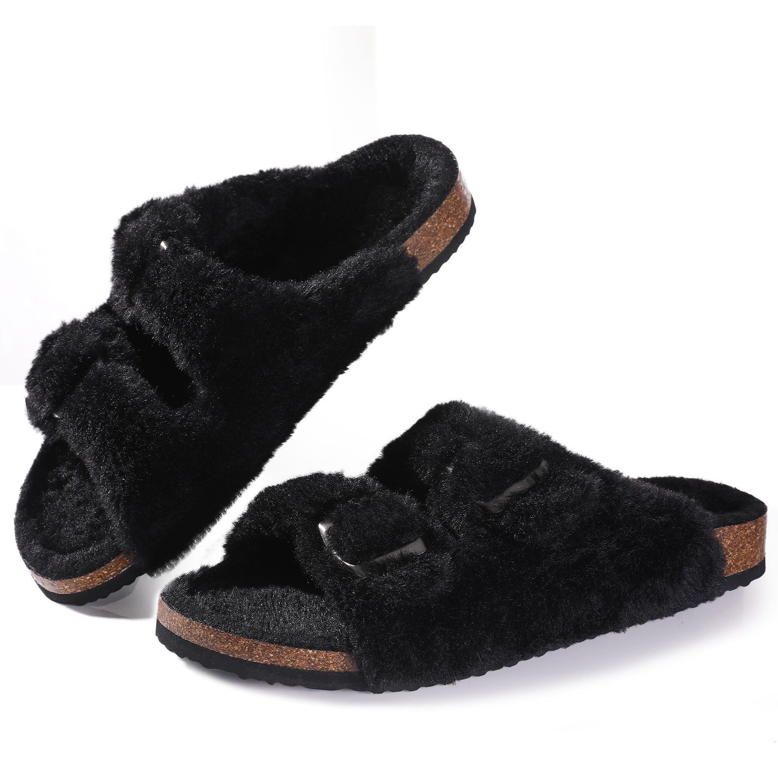 HYwys Fuzzy Slippers Women Cork Footbed Fluffy Slide Sandals Open Toe ...