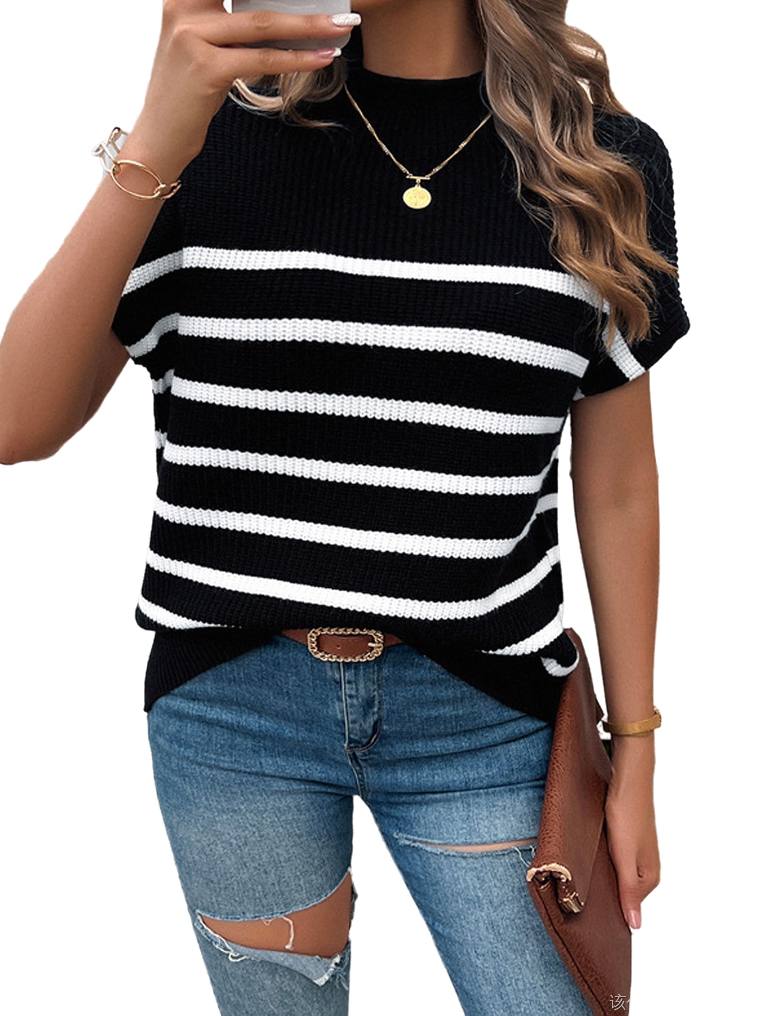 HYwys Striped Knit Shirts Women Batwing Short Sleeve Sweaters Casual ...