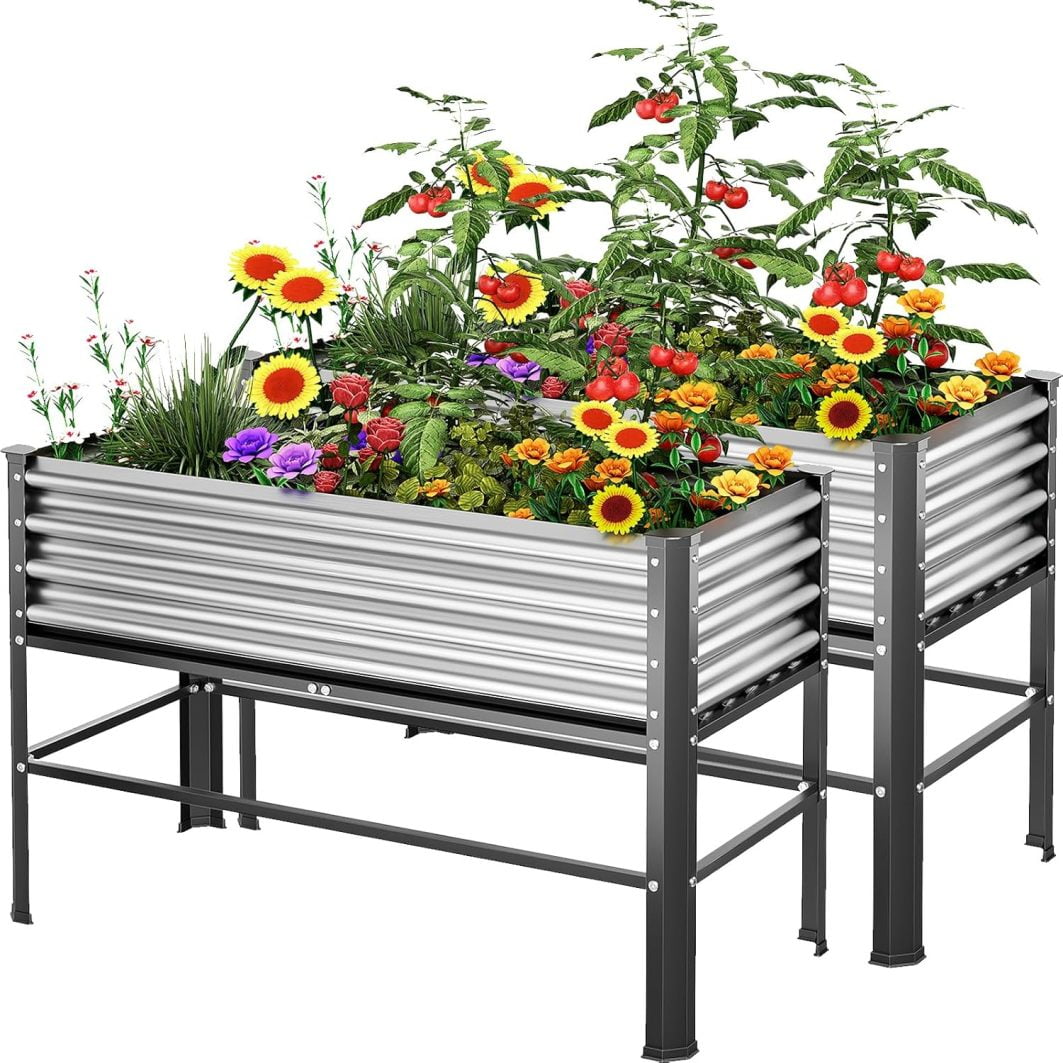 HZJP 2PCS Raised Garden Bed with Legs, 48×24×32in Large Outdoor Metal Galvanized Garden Planting ...
