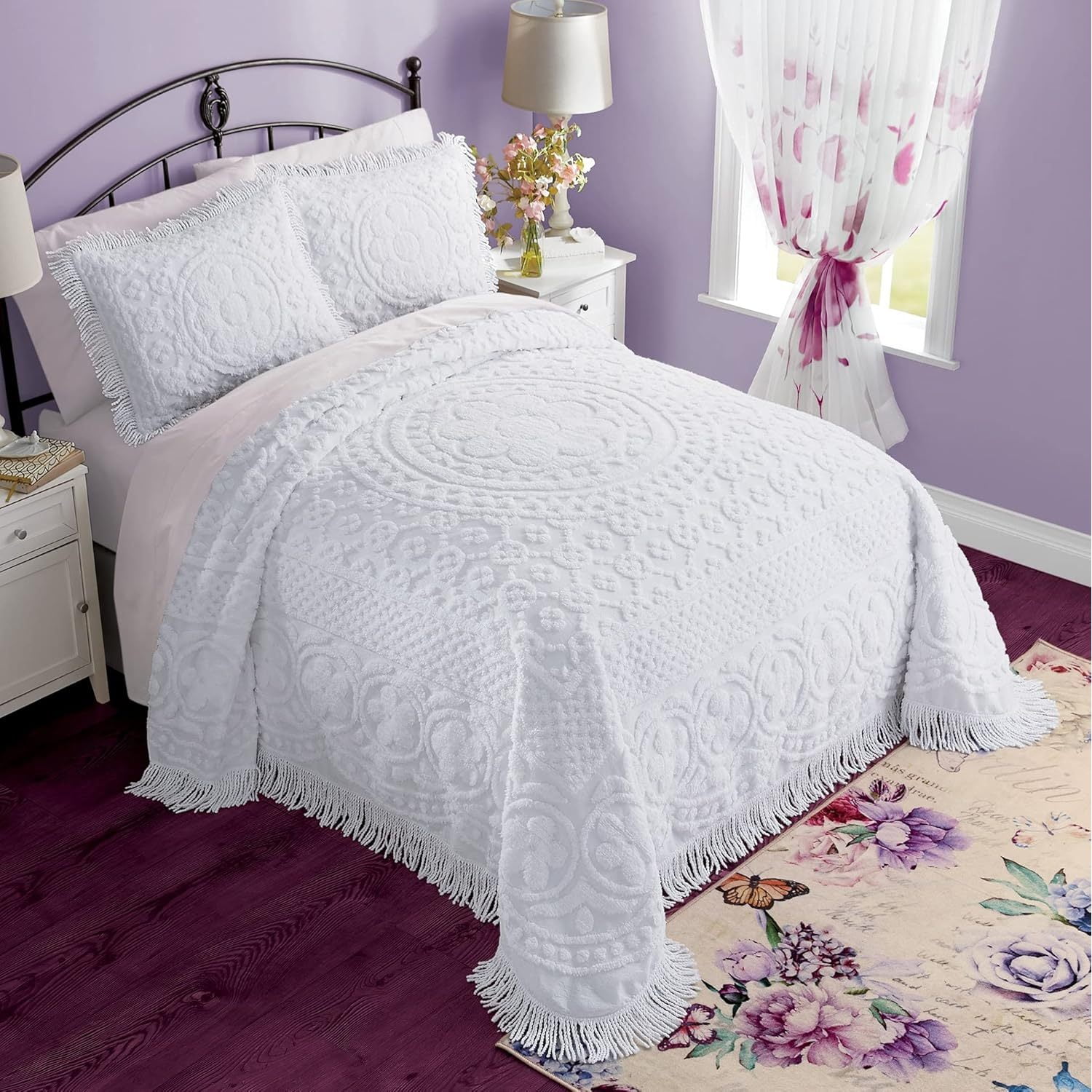 HZJP Emily Floral Chenille Bedspread, Soft Cotton Comforter Set, Queen ...