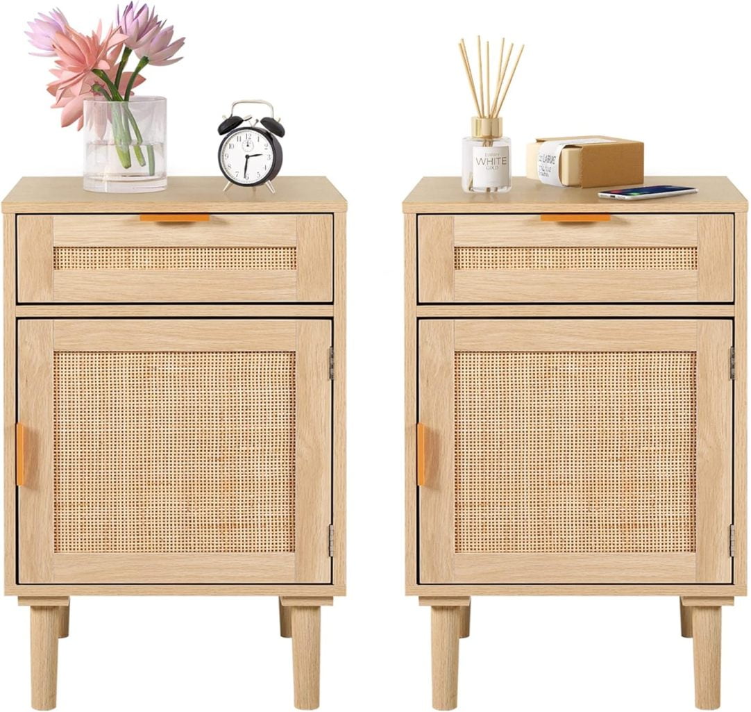 HZJP Rattan Nightstand Set of 2, Bedside Table with Drawers for ...