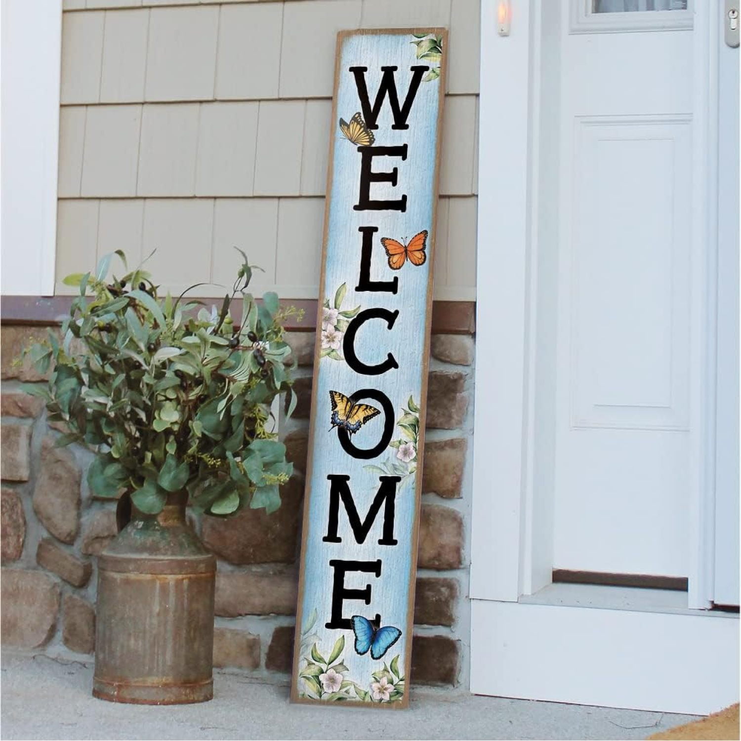 HZJP Welcome w/Butterflies - Tall Outdoor Welcome Sign / Porch Leaner ...
