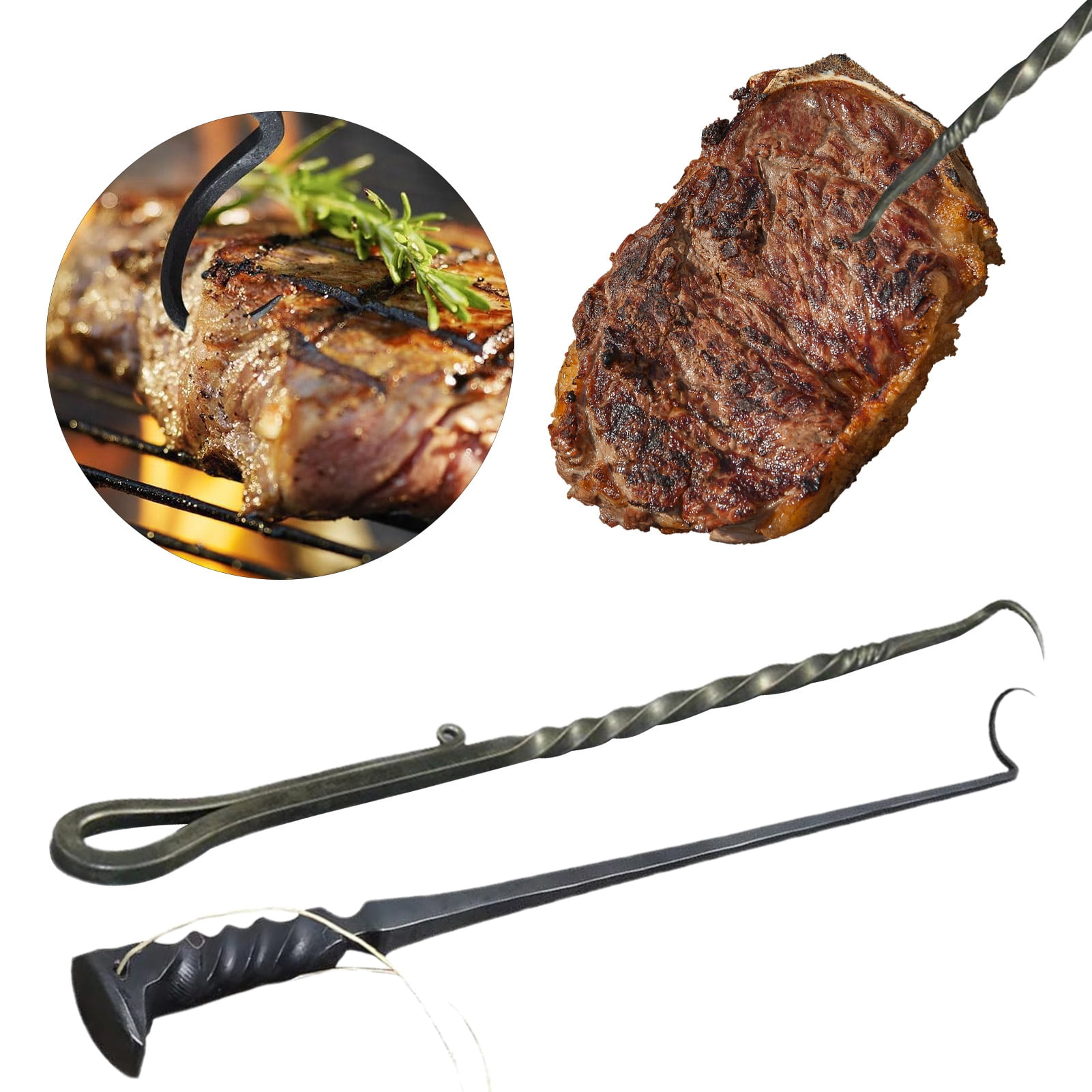 HZLXW 2 Pcs BBQ Food Flipper Metal Barbecue Meat Flipper Hook Rustic ...