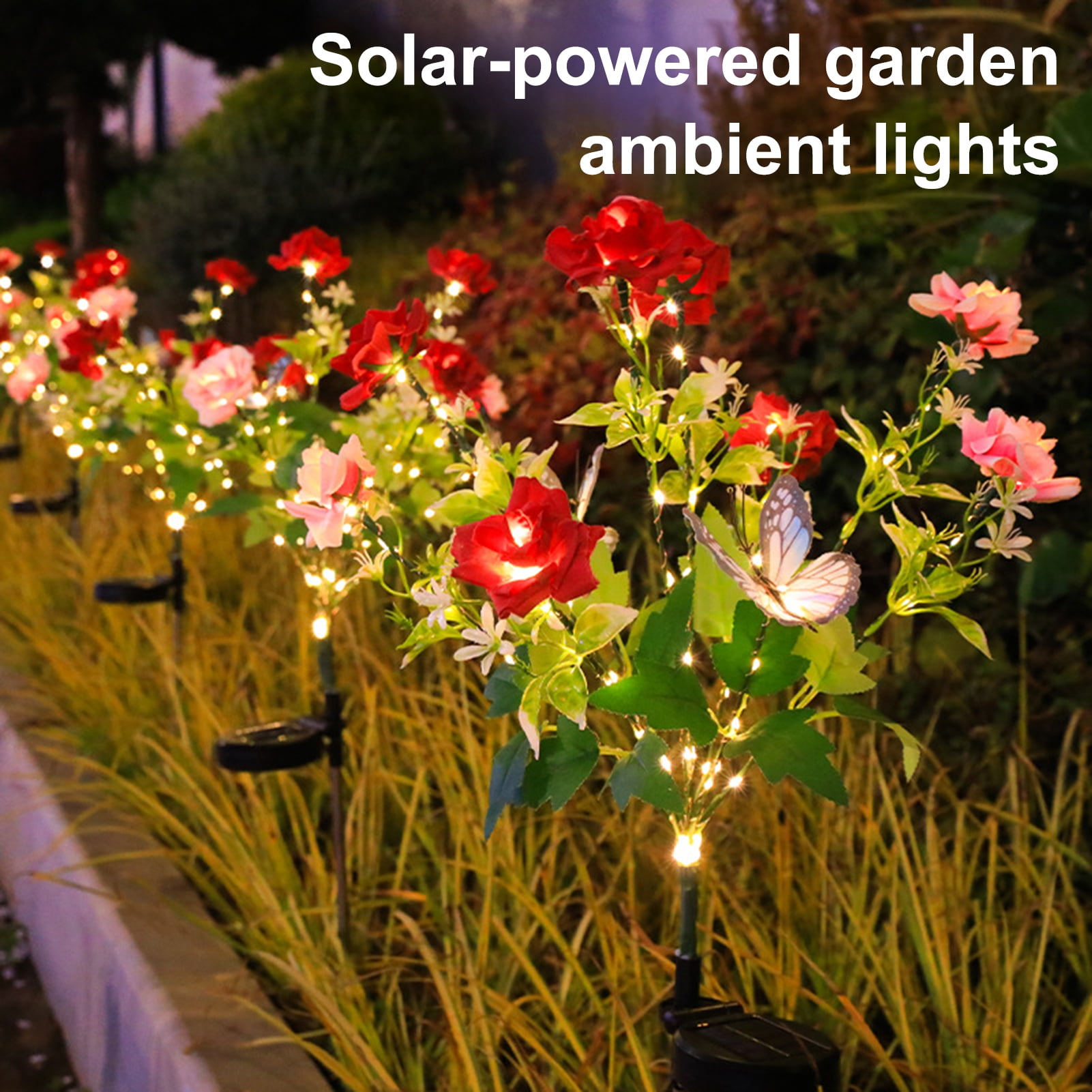 HZLXW 2 Pcs Solar Garden Rose Light Faux Roses with Solar Lights IP65 ...