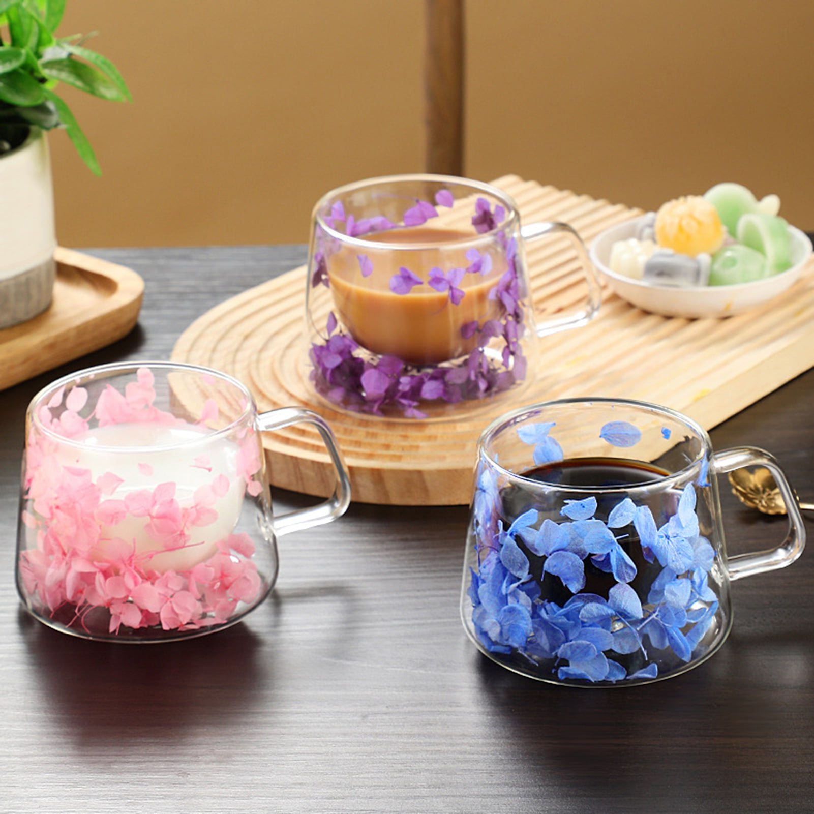 HZLXW 200ml Floral Glass Mug Real Flower Coffee Cup Double Wall Clear ...