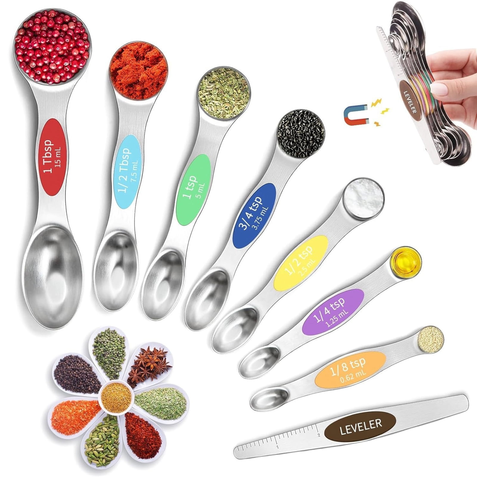 HZLXW 8/9Pcs Magnetic Measuring Spoon Set with Leveler Stainless Steel ...
