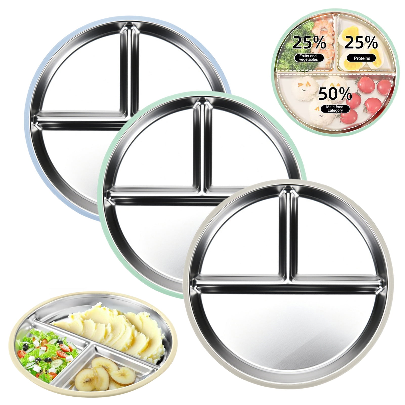 HZLXW Baby Plate with Suction Base 3-Section Divided Stainless Steel ...