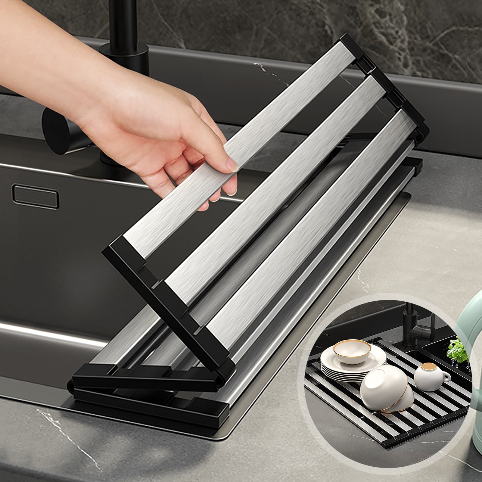 HZLXW Foldable Dish Drying Rack Stainless Steel Roll-Up Sink Organizer ...