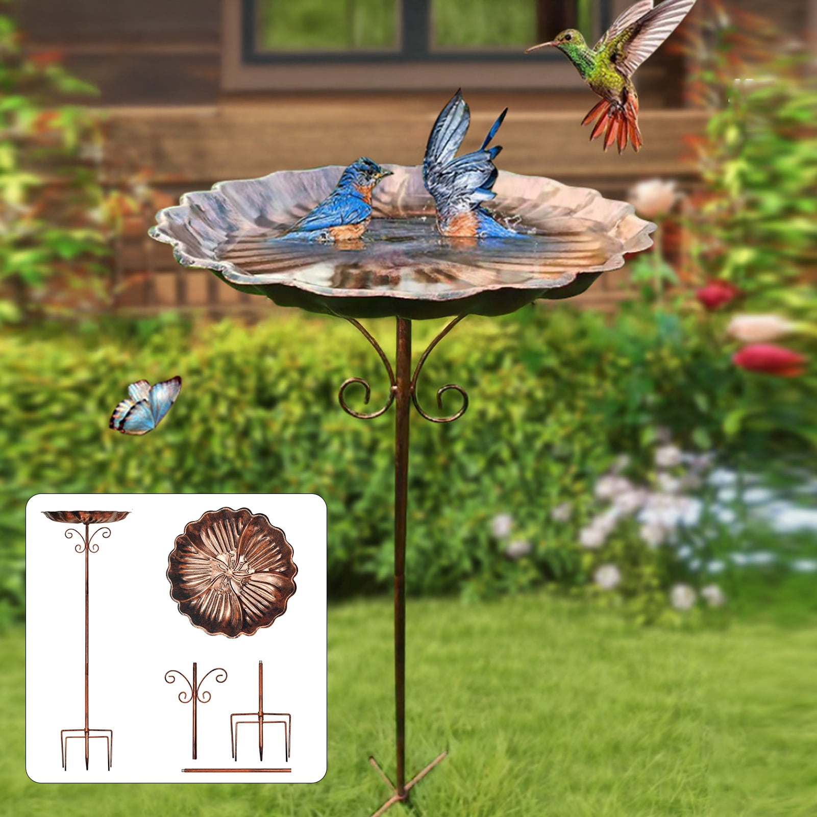 HZLXW Retro Bird Bath for Outside Metal 5-Prong Stake Base with Bowl ...