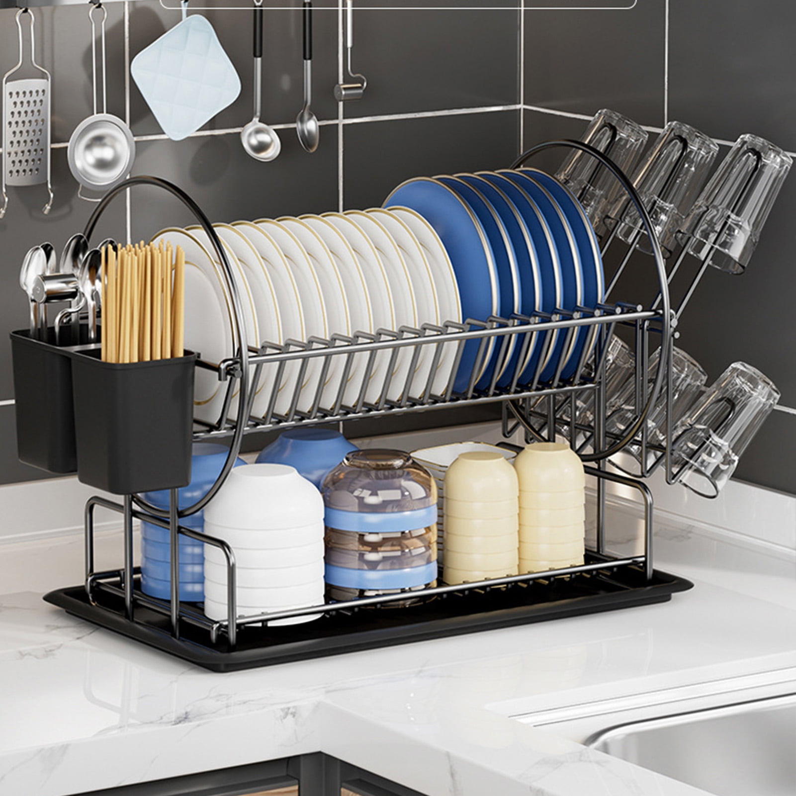 HZLXW Stainless Steel Dish Drying Rack 2 Tier Kitchen Storage Rack with ...