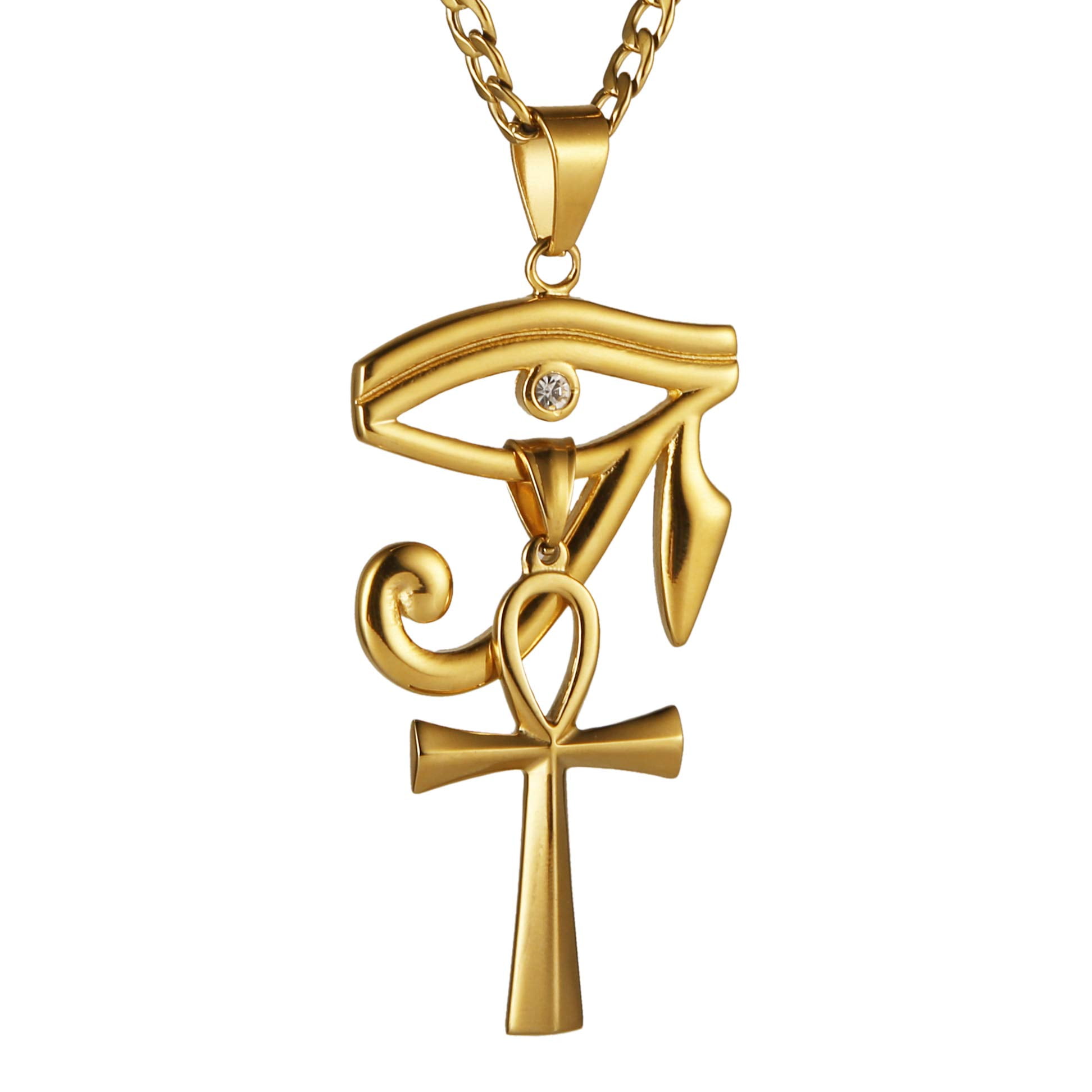 HZMAN Gold Stainless Steel Eye of Horus Egypt And Coptic Ankh Cross ...