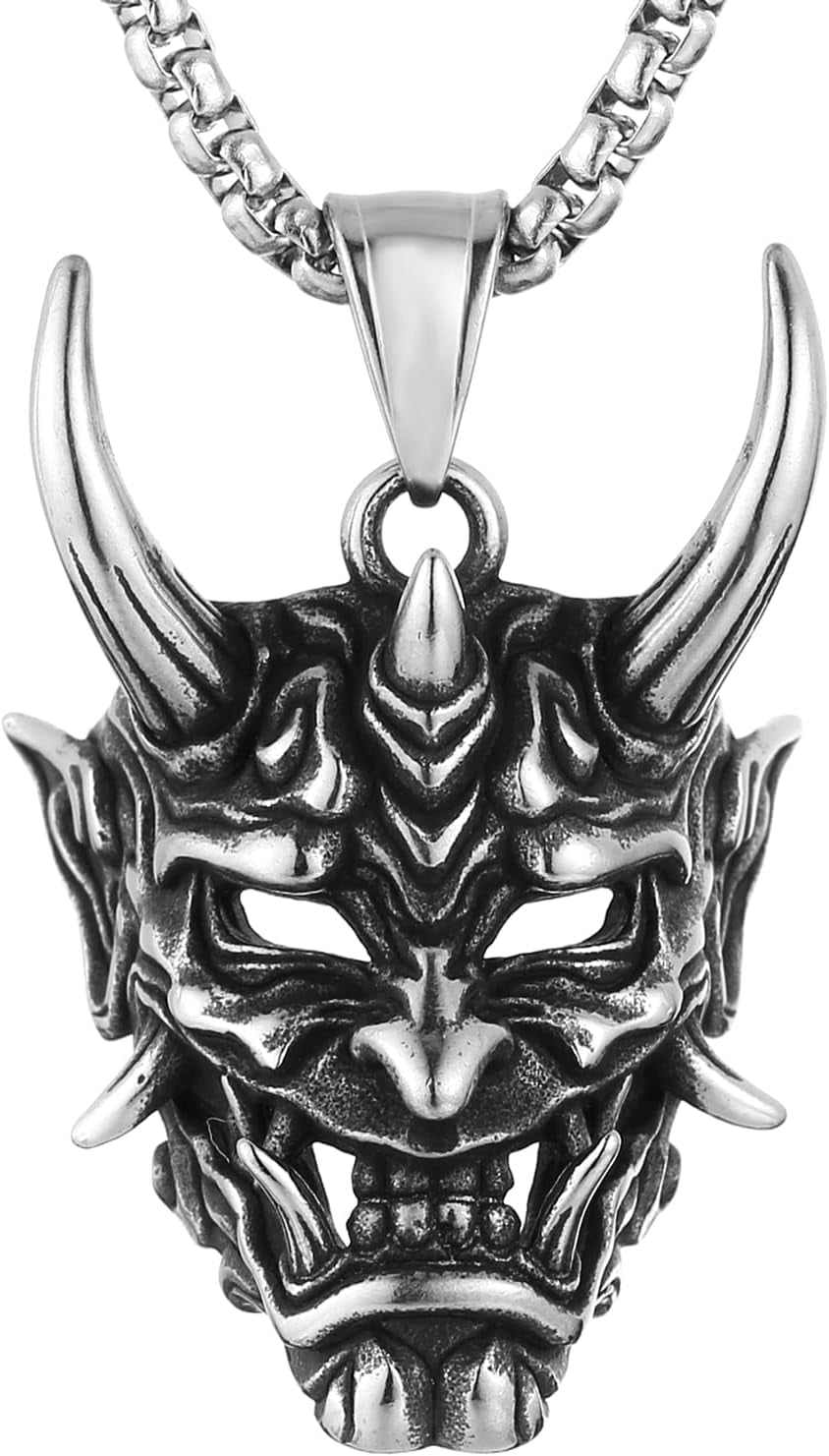 HZMAN Gothic Necklace For Men Prajna Mask Stainless Steel Silver Evil ...