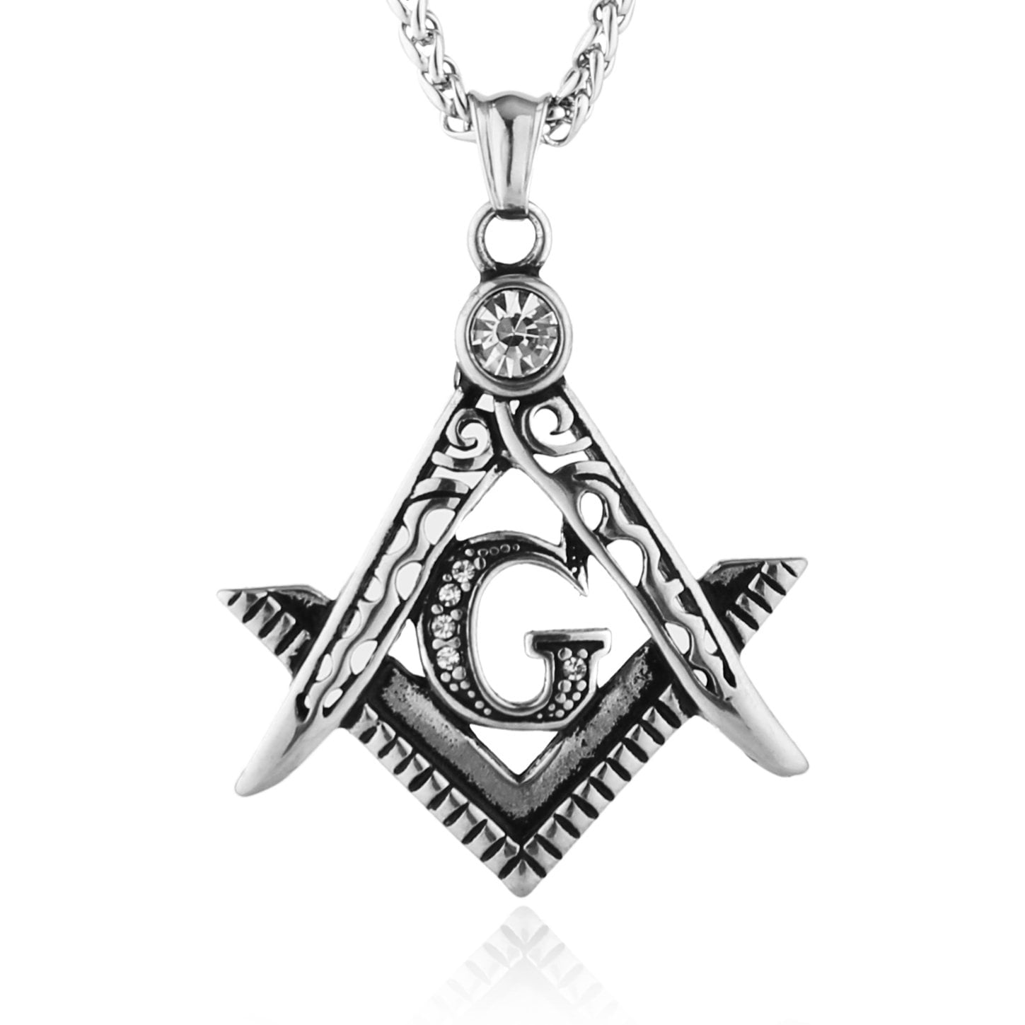 HZMAN Mens Cubic Zirconia Freemason Symbol Masonic Stainless Steel ...