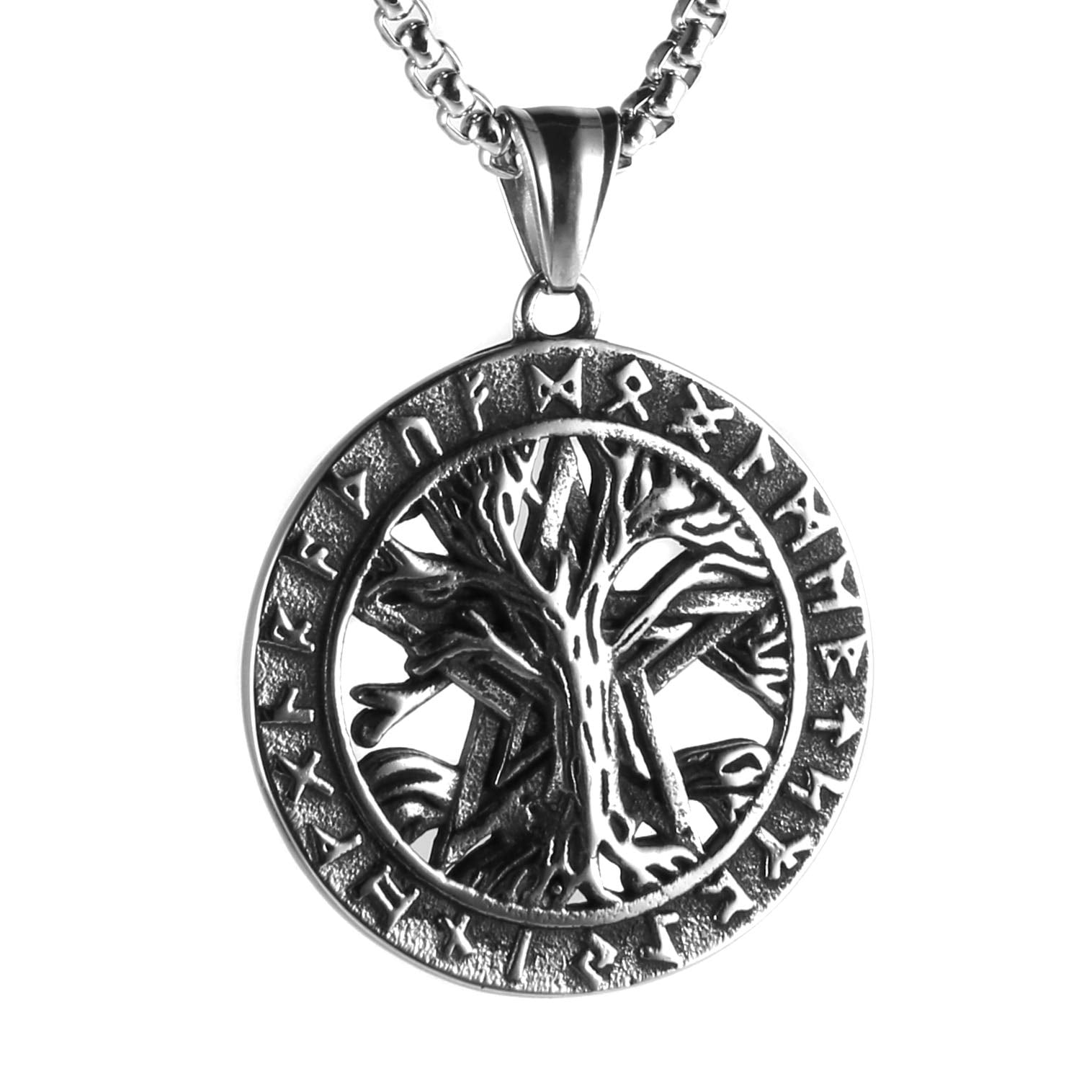 HZMAN Norse Vikings Runes Amulet Pendant Necklace The Tree Of Life Pentagram Runes Pendant ...