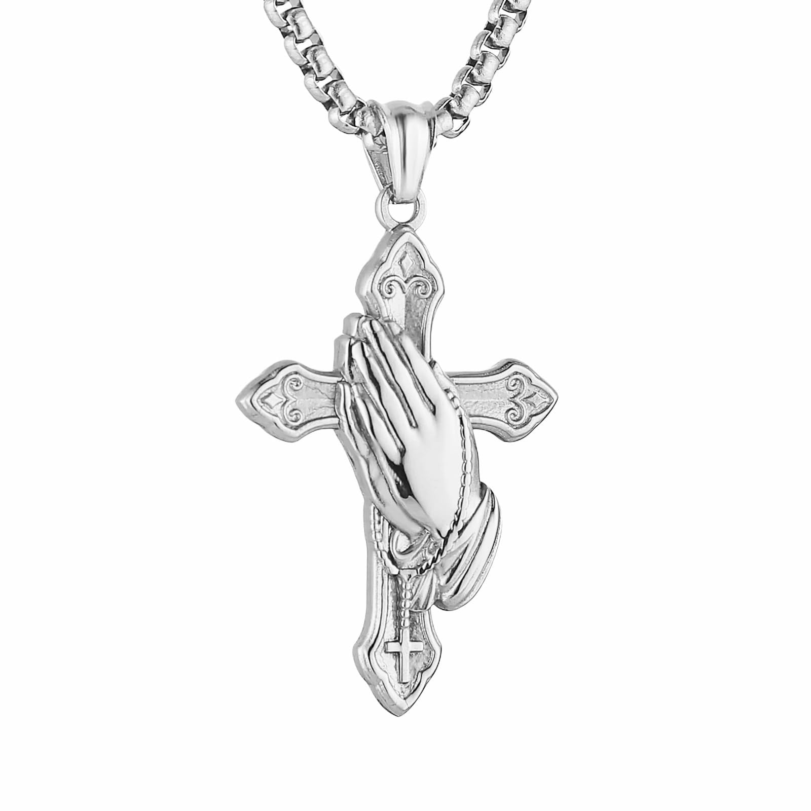 HZMAN Praying Hand Cross Necklace for Men Stainless Steel Retro Small Prayer Hands Pendant ...